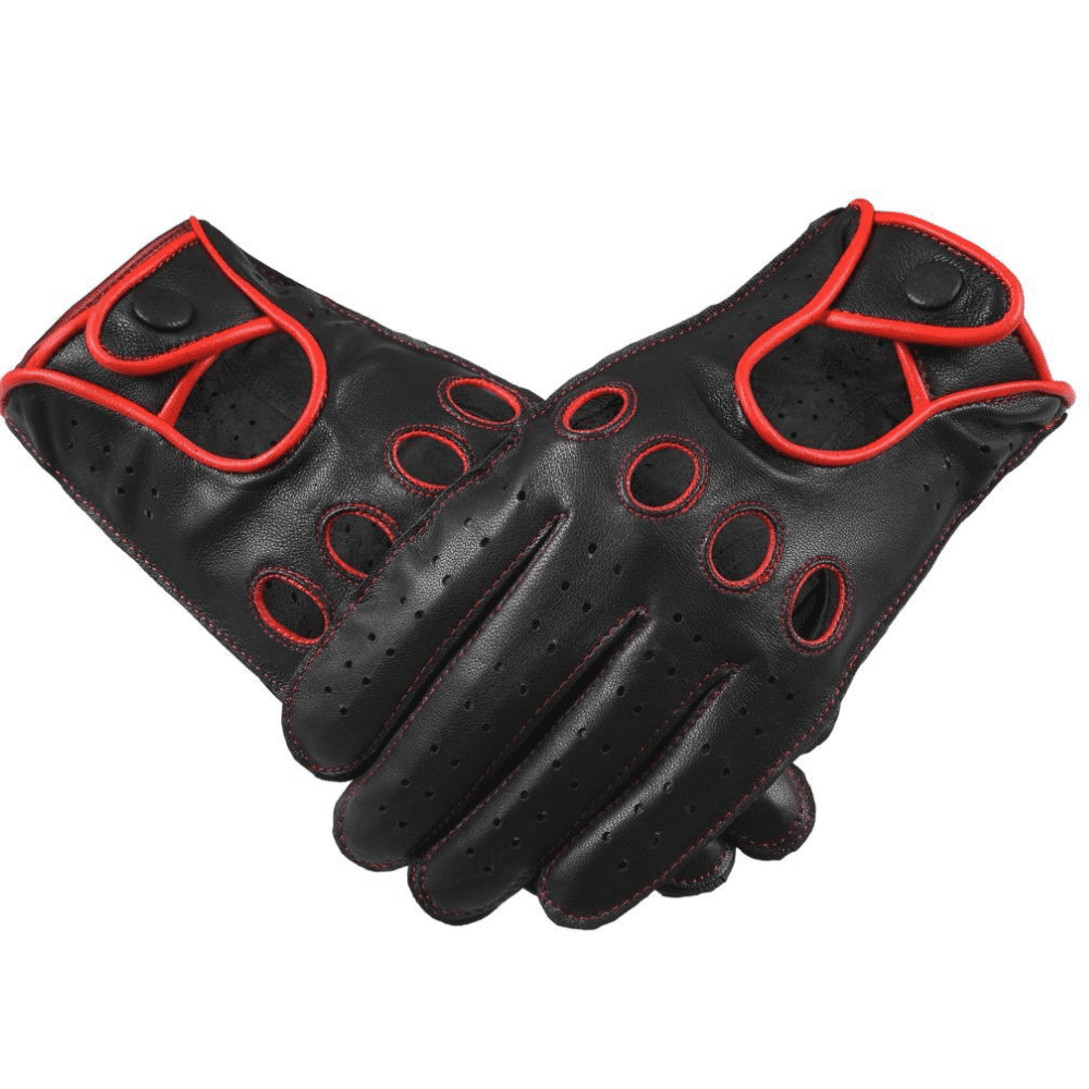 Men's Leather Driving Gloves With Knuckle Holes, Black With Red Pipping ...