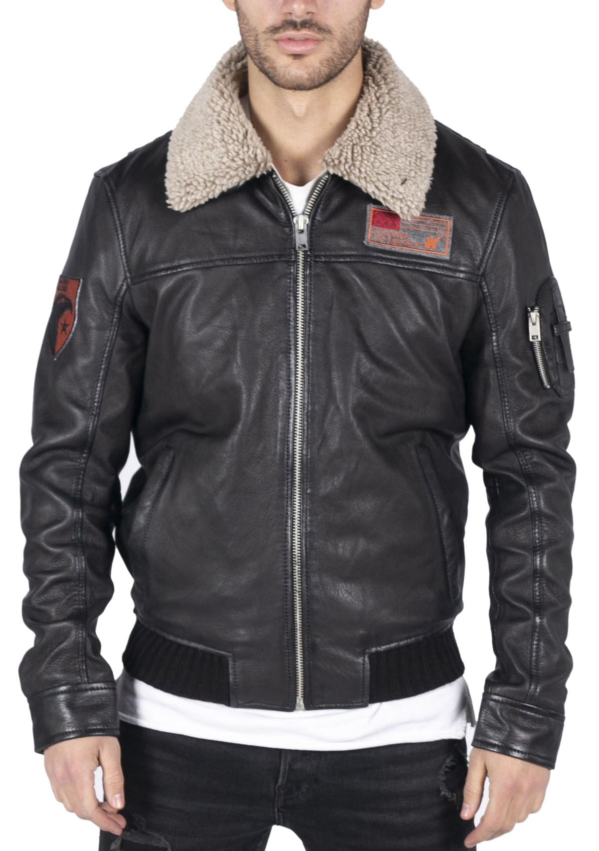 Men's Leather Pilot Bomber Jacket With Collar | Infinity - Walmart.com