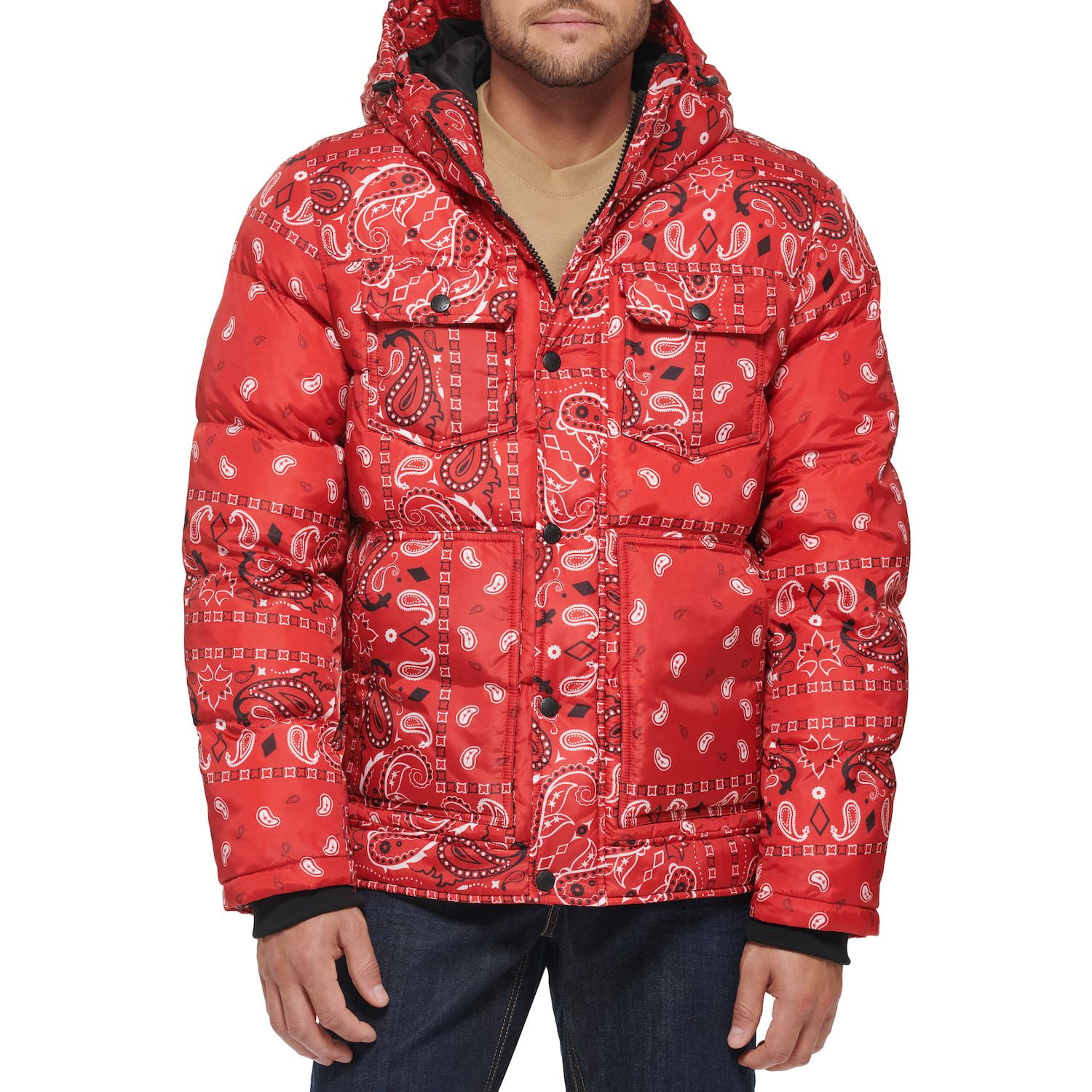Men's Levi's® Heavyweight Hooded Puffer Jacket Color: Red Bandana Print ...