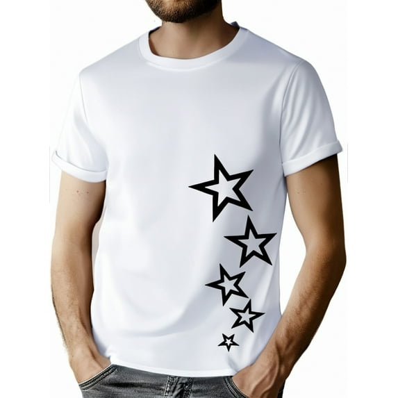 Men's Light Blue Summer Fashion T-Shirt with White Star Pattern - Crew ...