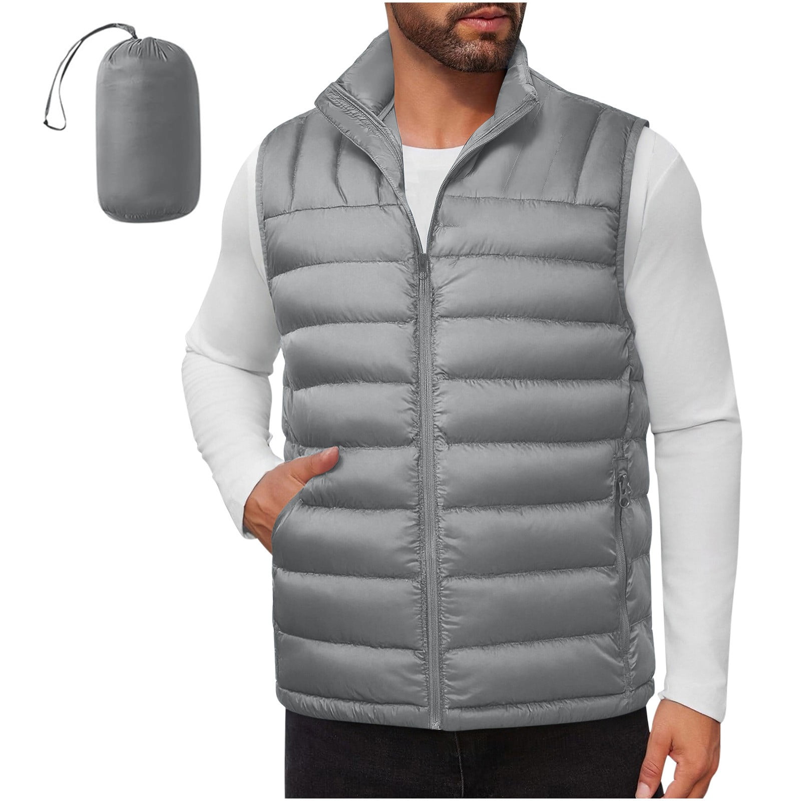Men's Lightweight Down Vest Jacket with Carry Storag Bag Sleeveless ...