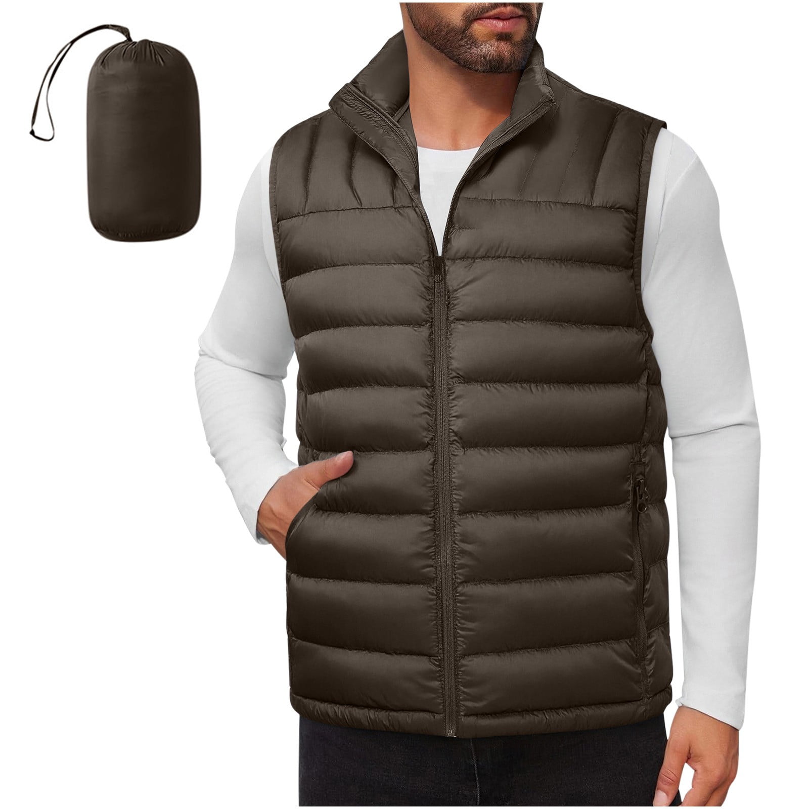 Men's Lightweight Down Vest Jacket with Carry Storag Bag Sleeveless ...