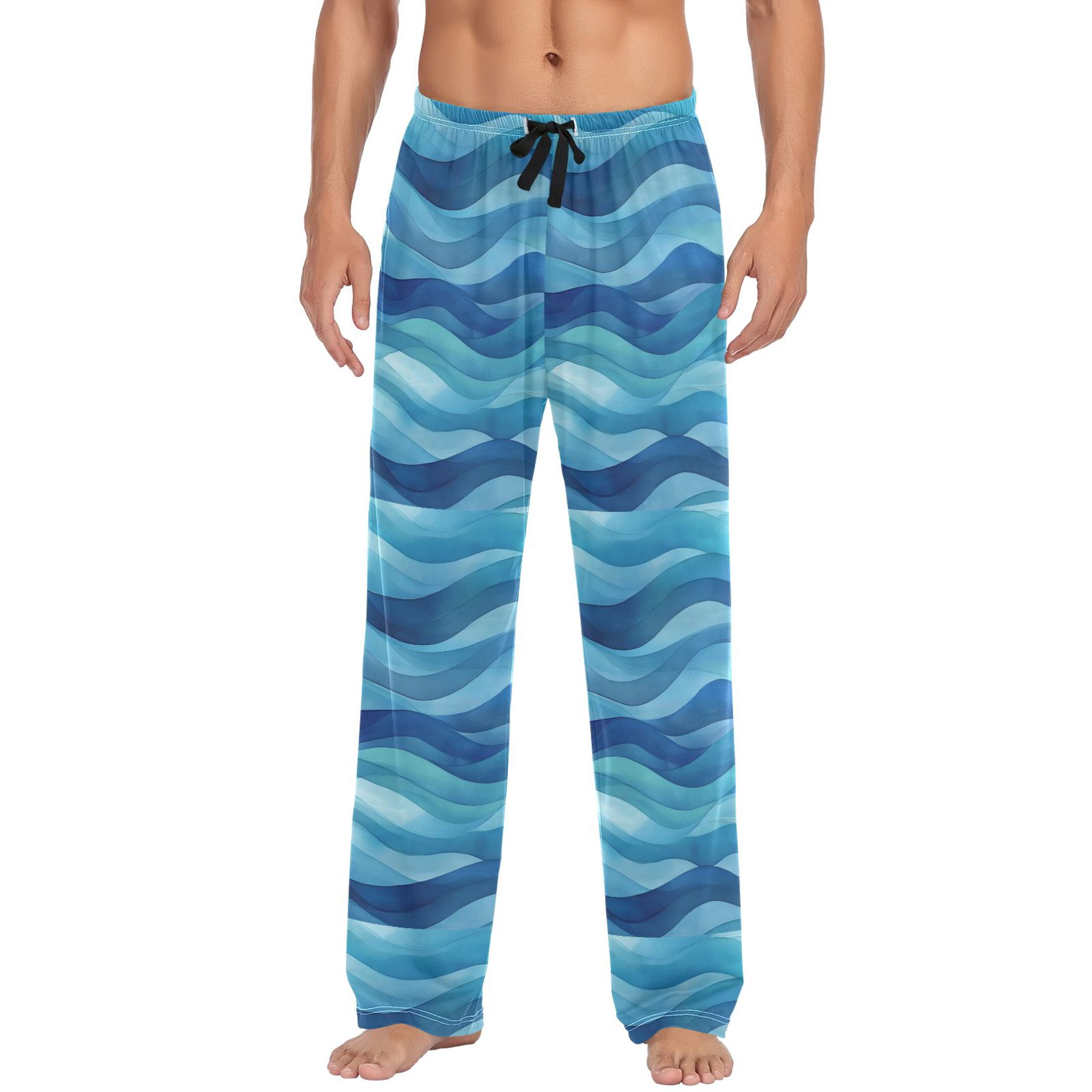 Men's Lightweight Pajama Bottoms Blue Wavy Art Pattern Stretch Elastic ...