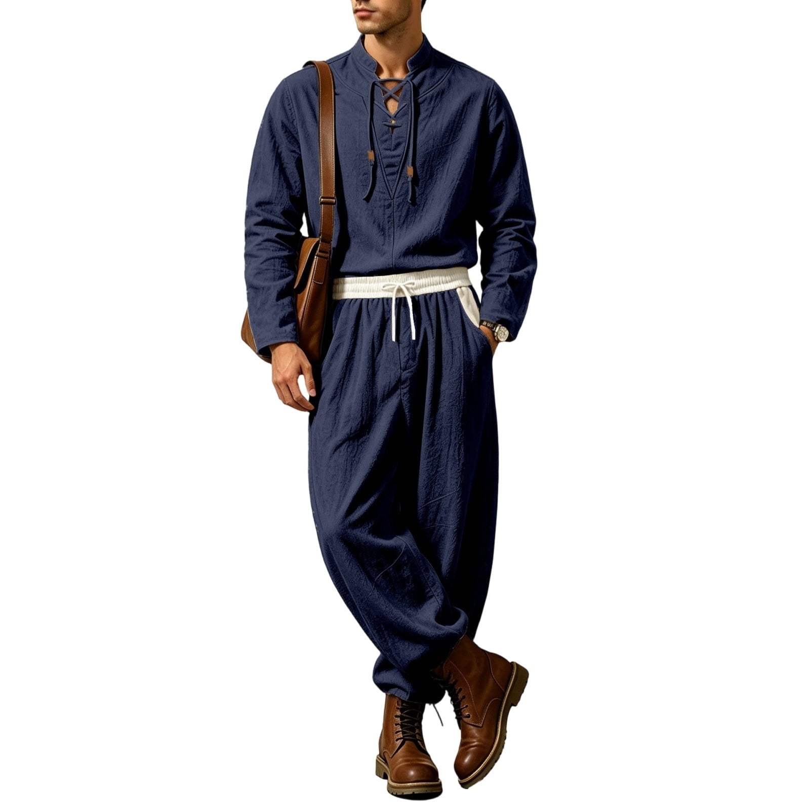 Men's Linen 2 Piece Set, Henley Lace up Shirt Top & Curved Leg Harem ...