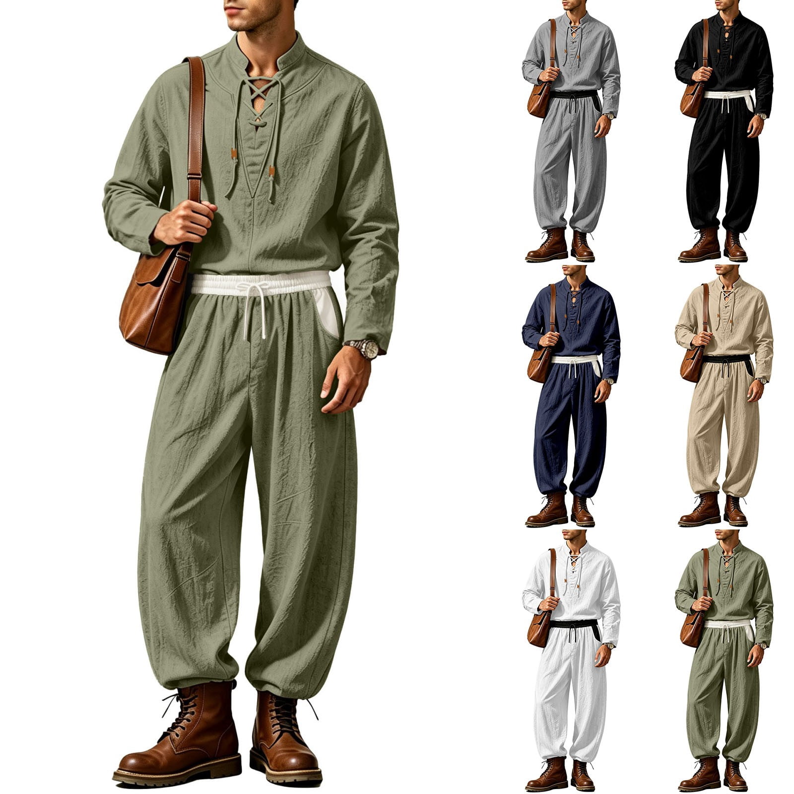 Men's Linen 2 Piece Set, Henley Lace up Shirt Top & Curved Leg Harem ...