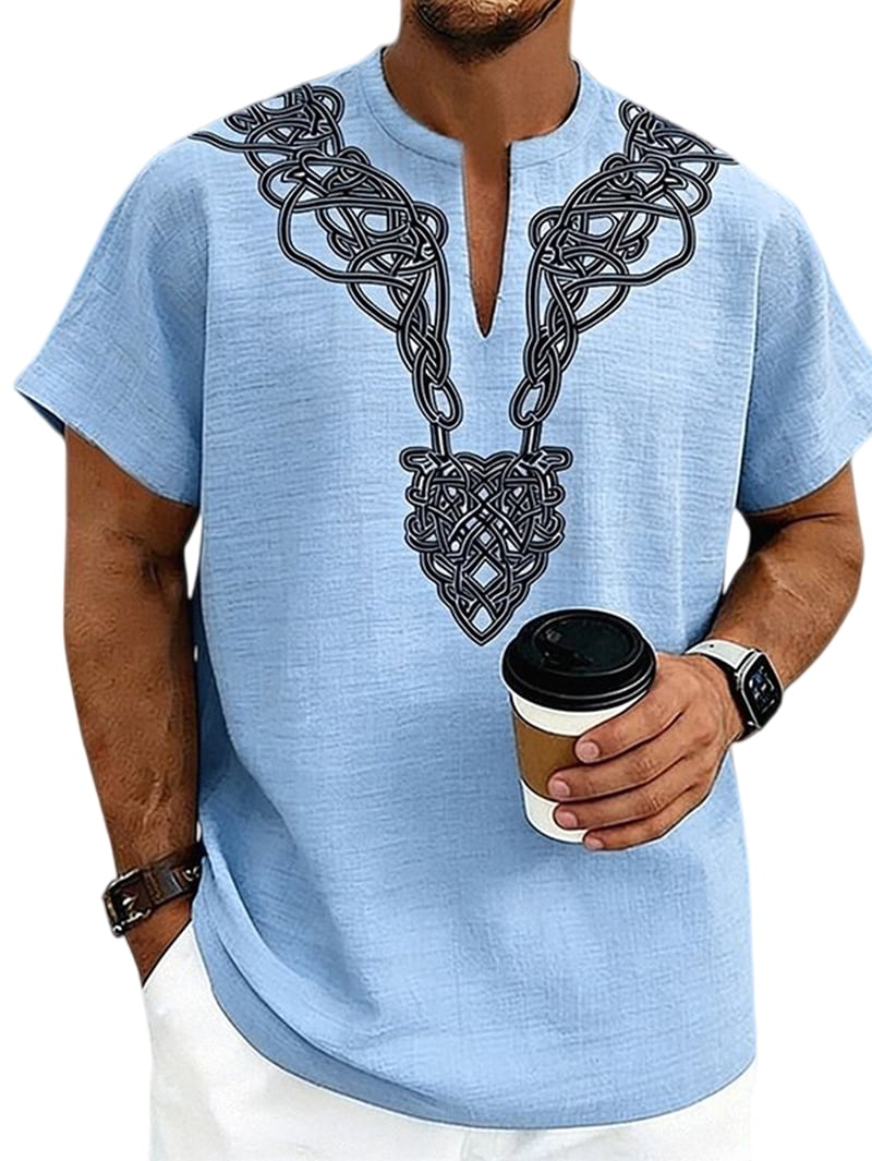 Men's Linen Blend Loose Viking Knot Print Henley Neck Short Sleeve ...