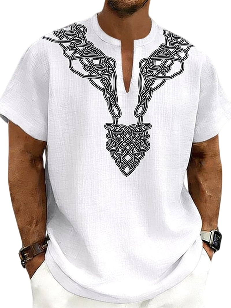 Men's Linen Blend Loose Viking Knot Print Henley Neck Short Sleeve ...