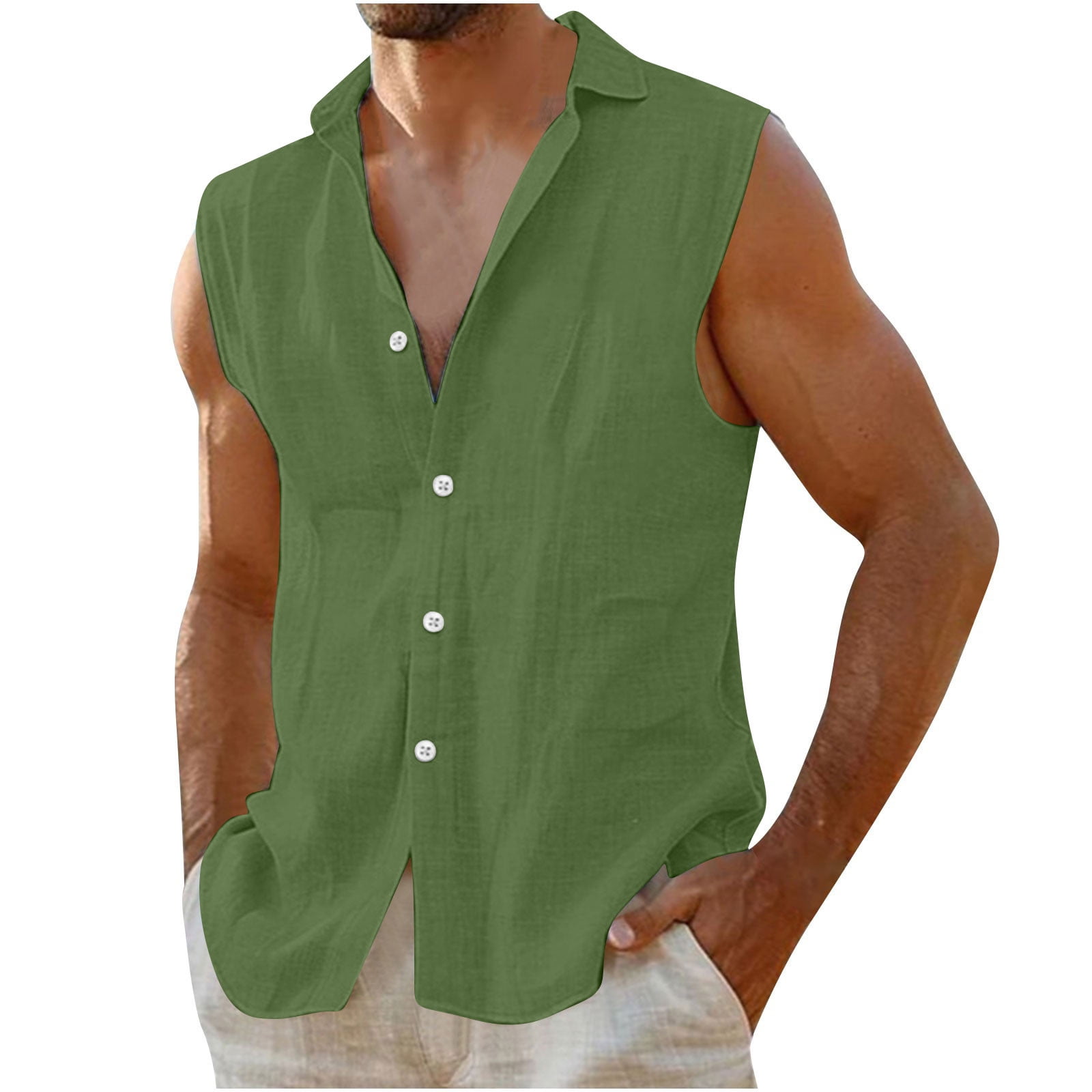 Men's Linen Button-Down Shirt – Sleeveless Tropical Hawaiian Style ...