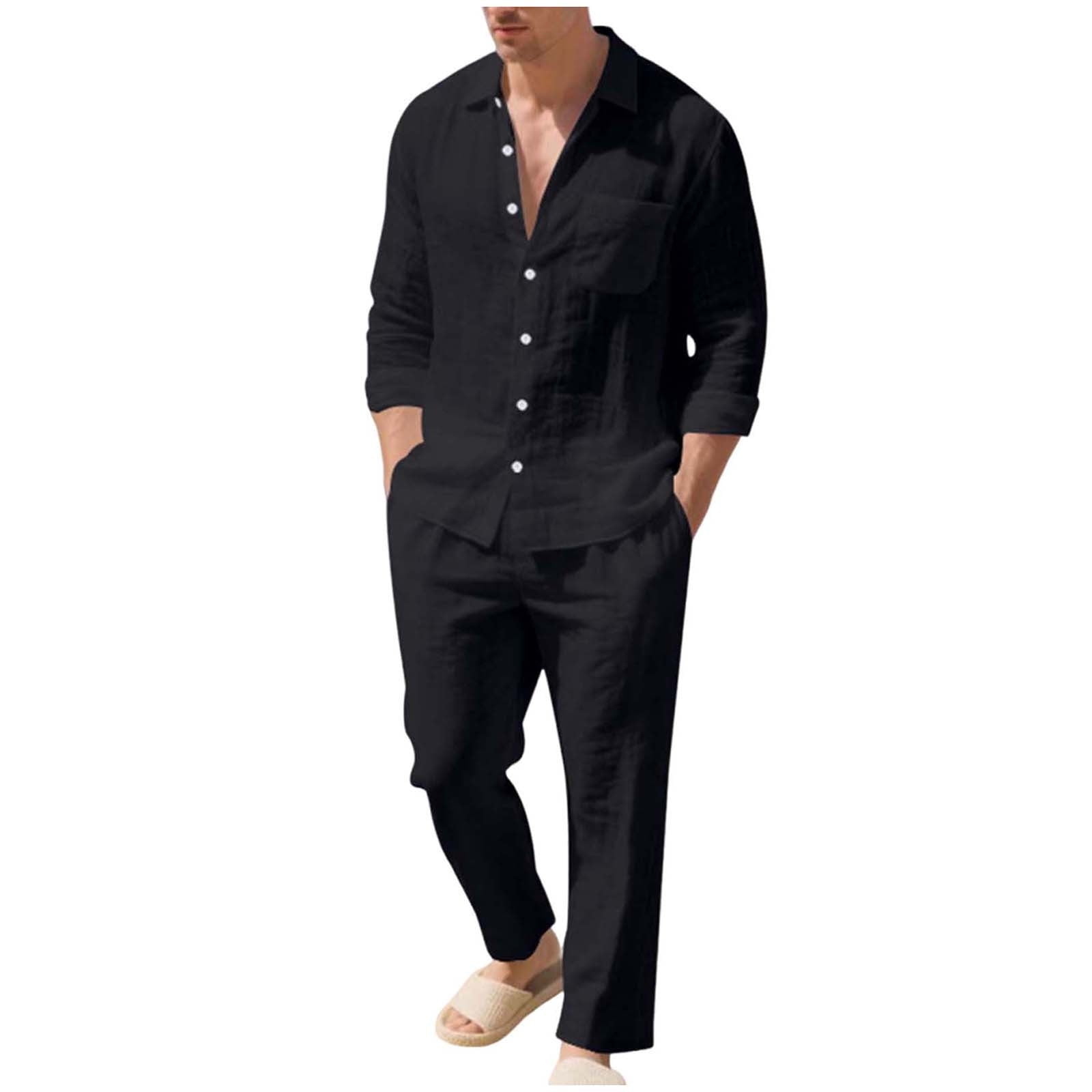 Men's Linen Casual Outfits Piece Solid Color Cuban Shirt and Pants Set ...