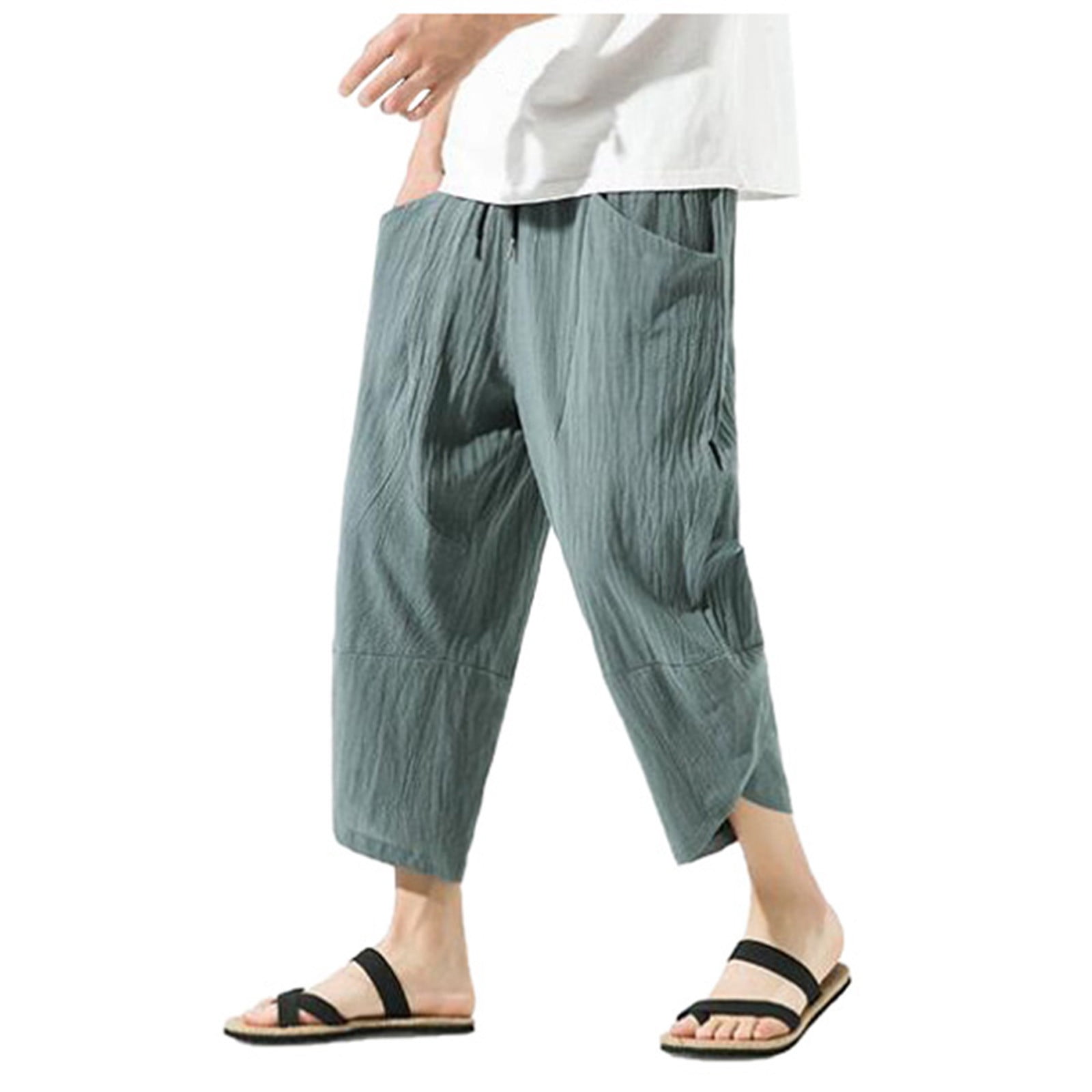 Men's Linen Harlan Pants - Elastic Waist Wide Leg Casual Beach Cropped ...
