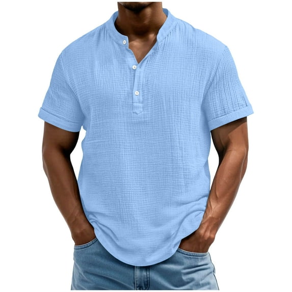 Men's Linen Henley Shirt Short Sleeve Button Tee Shirt Summer Beach T ...