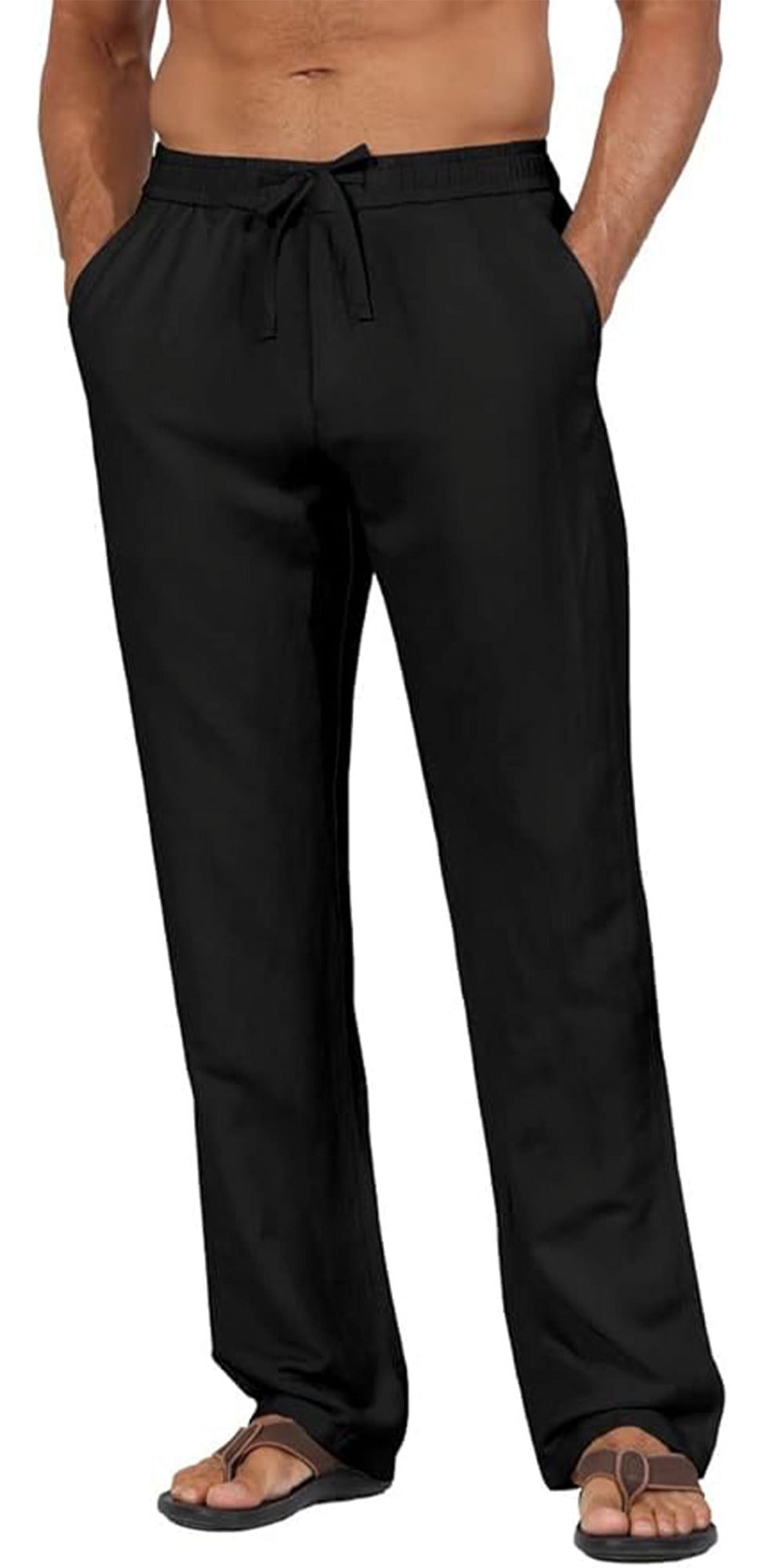 Men's Linen Pants Drawstring Slim Fit Elastic Waist Wide Leg Trousers ...