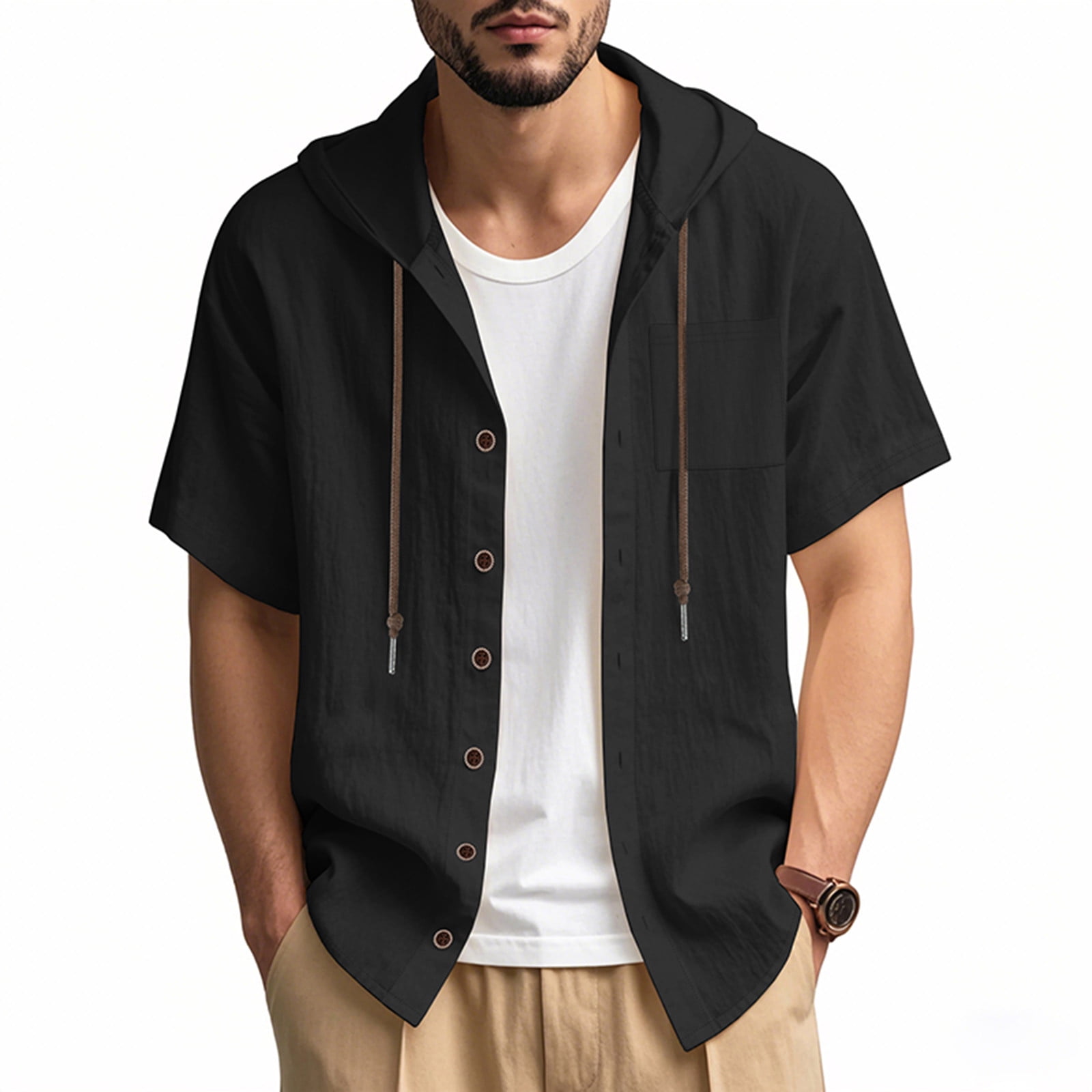 Men's Linen Shirt, Short Sleeve Button Cardigan with Hood, Casual ...