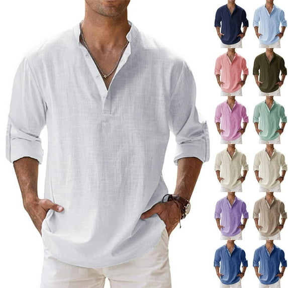 Men's Linen Shirts Henley T-Shirts Long Sleeve Casual Beach T-Shirts ...