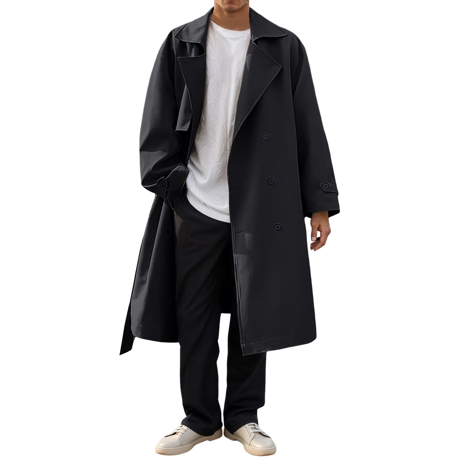 Men's Long Double Overcoat Solid Windproof Warm Trench Anorak Jacket ...