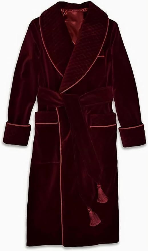 Men's Long Maroon Smoking Jacket Velvet Dressing Gown Coat Robes ...