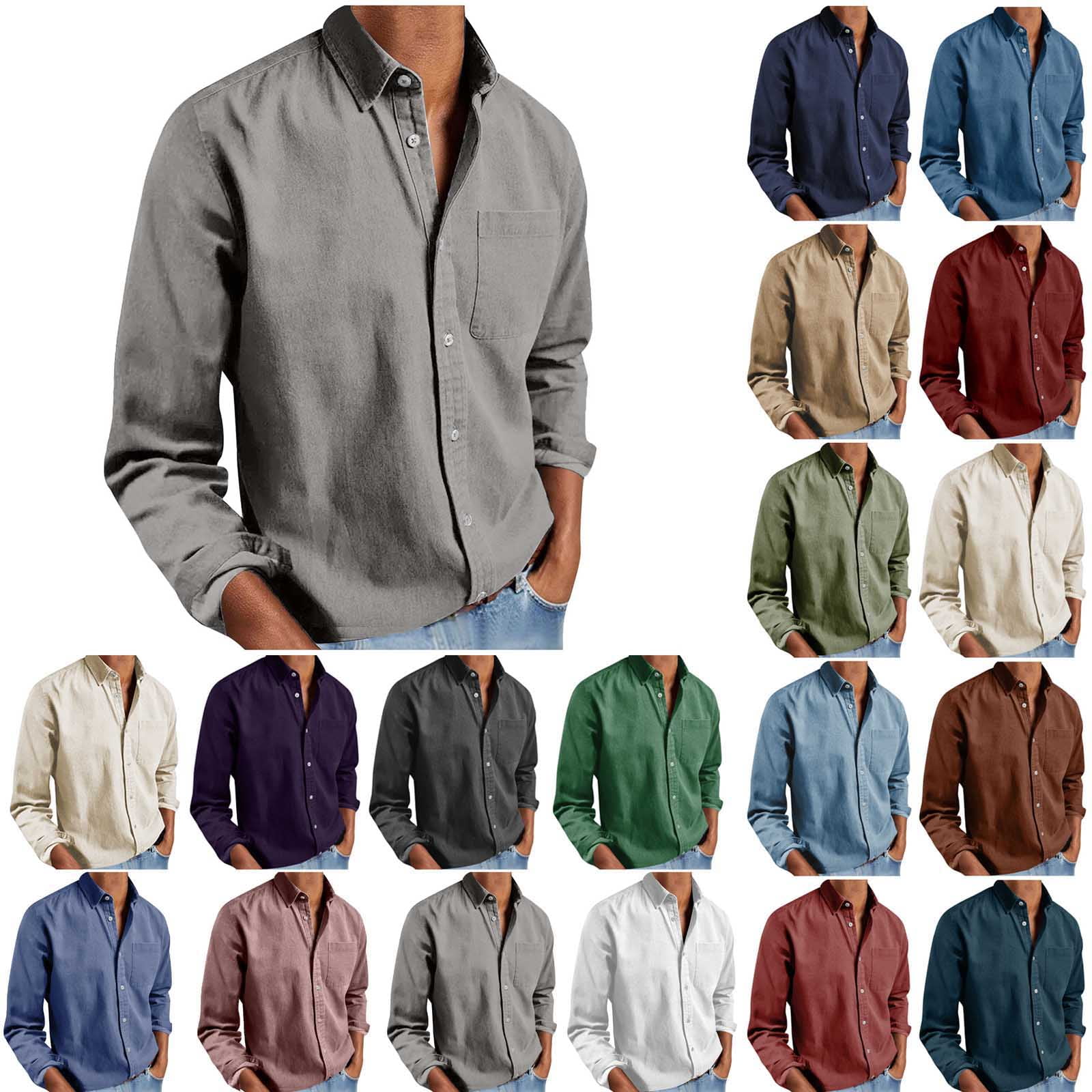 Men's Long Sleeve Button Down Shirt Casual Cotton Linen Blend Solid ...
