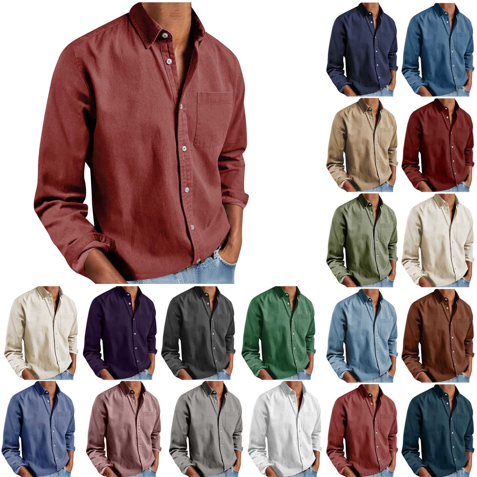 Men's Long Sleeve Button Down Shirt Casual Cotton Linen Blend Solid ...