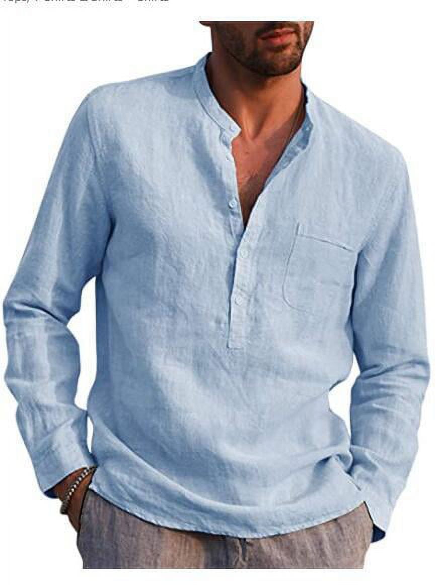 Men's Long Sleeve Collar Beach Linen Shirt Men's - Walmart.com