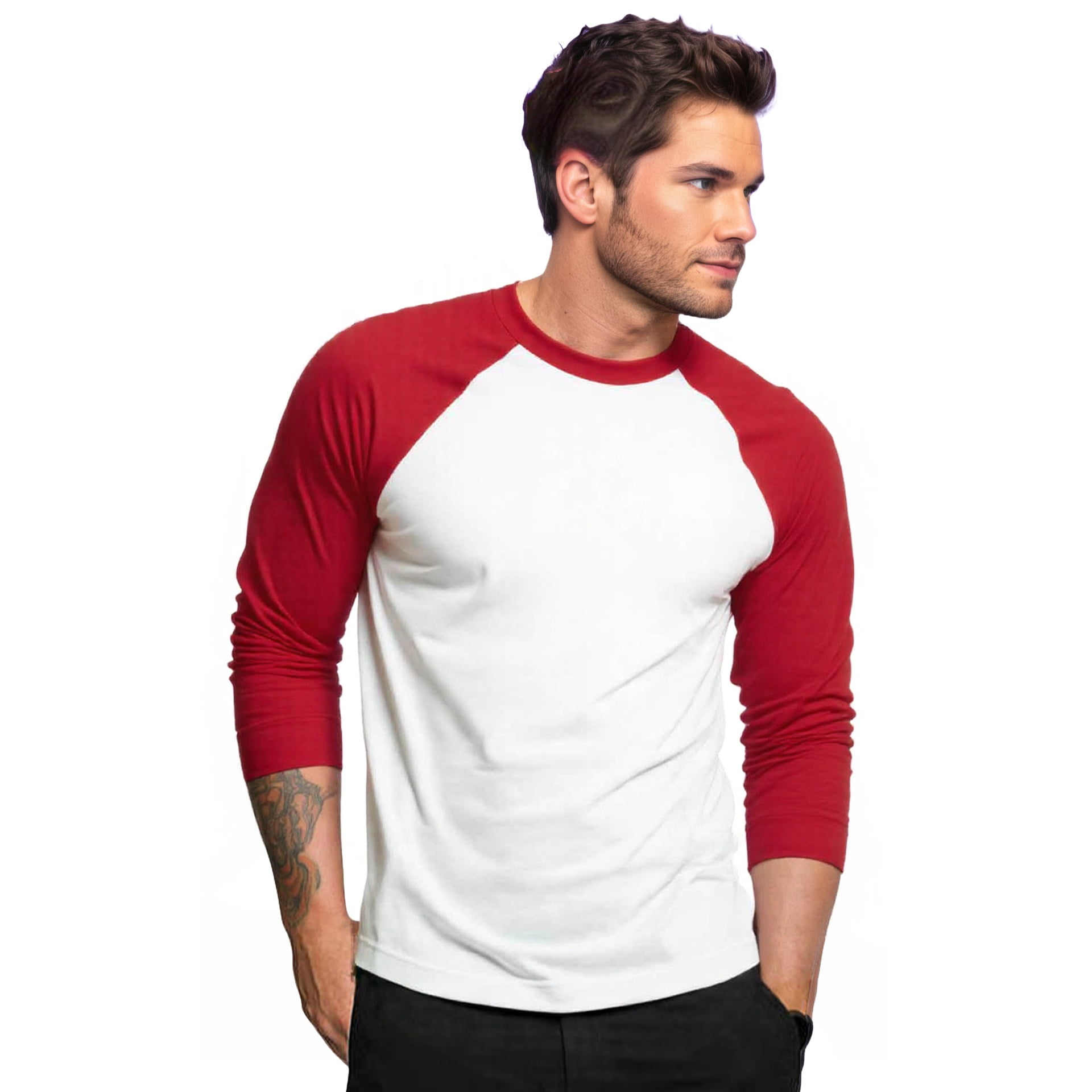 Men's Long Sleeve Crew Neck Baseball Plain Tee, Adult Red/White T ...