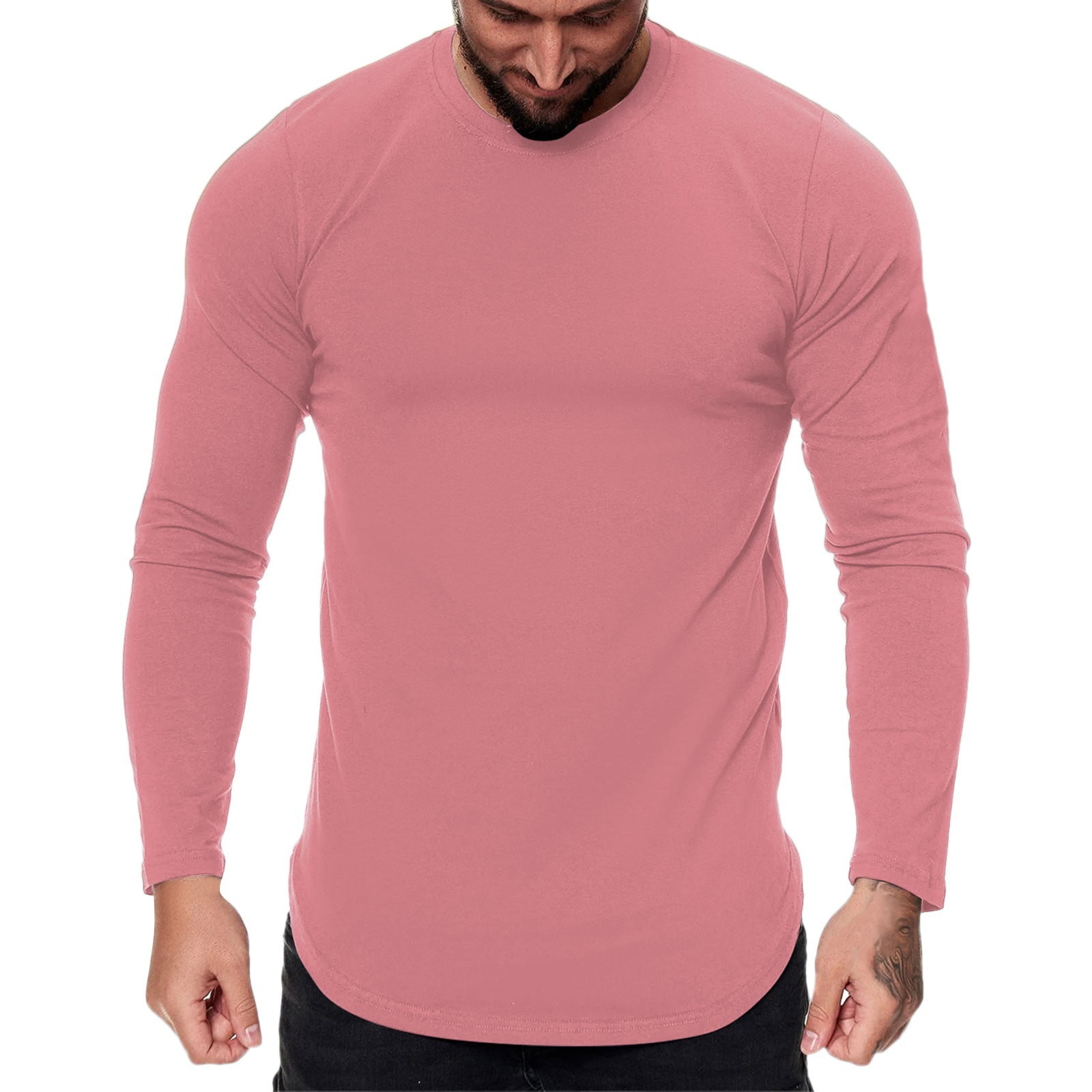 Men's Long Sleeve Curved Hem T-Shirt - Solid Color, Round Neck, Stretch ...