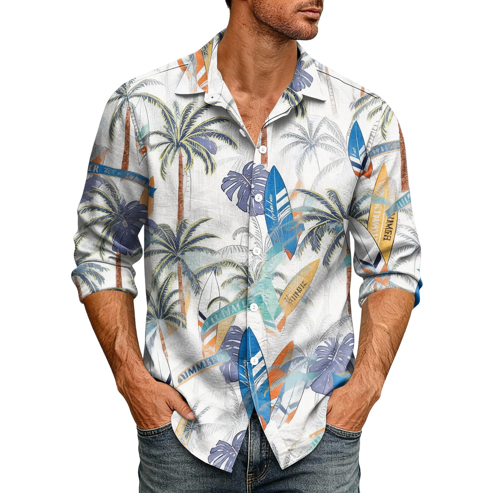Men's Long Sleeve Hawaiian Shirts Tropical Floral Print Collared Button ...