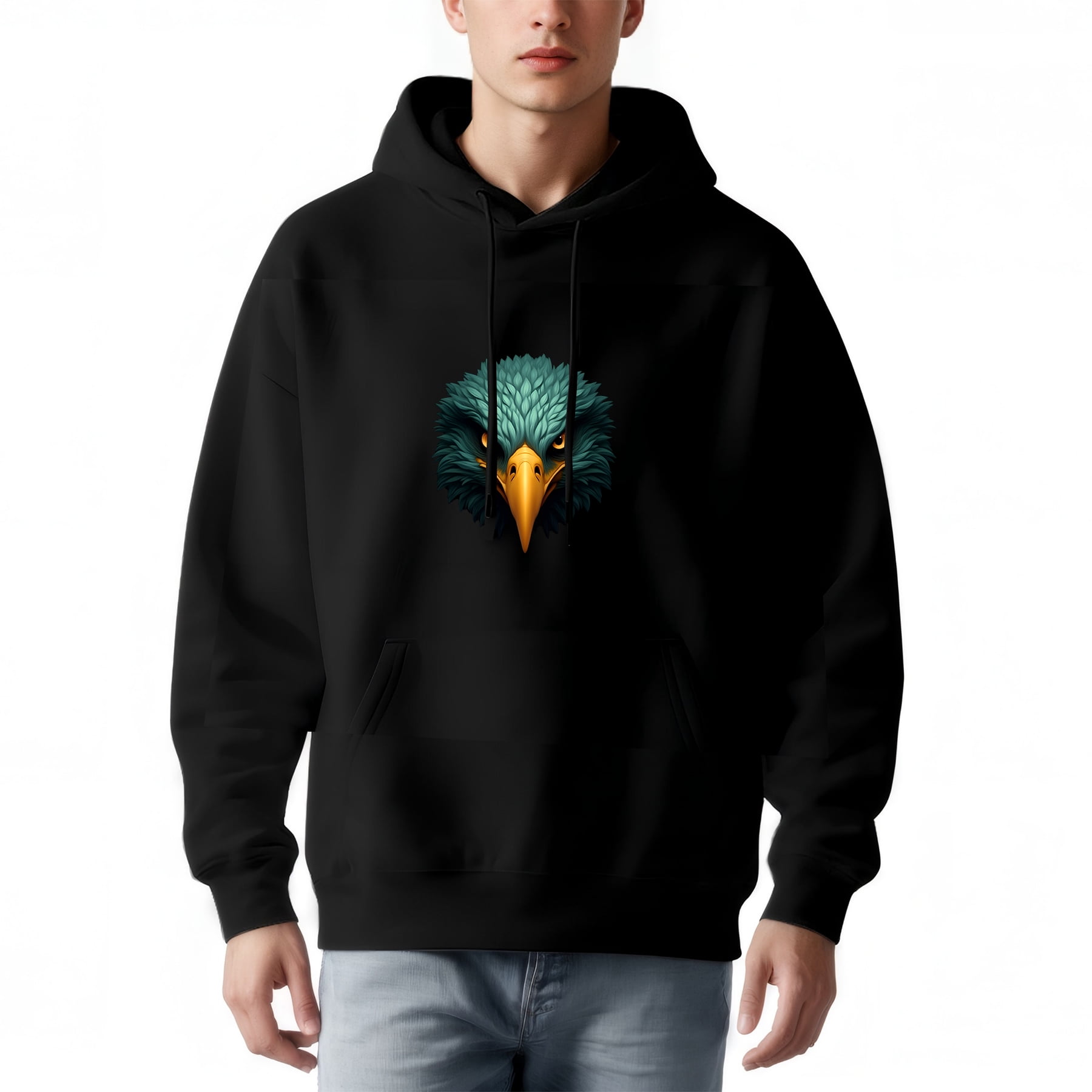 Men's Long Sleeve Hooded Pullover Sweatshirt - Black with Eagle Head ...