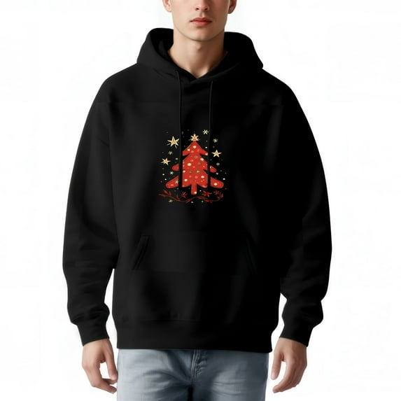 Men's Long Sleeve Hoodie Pullover Sweatshirt - Black with Red Christmas ...