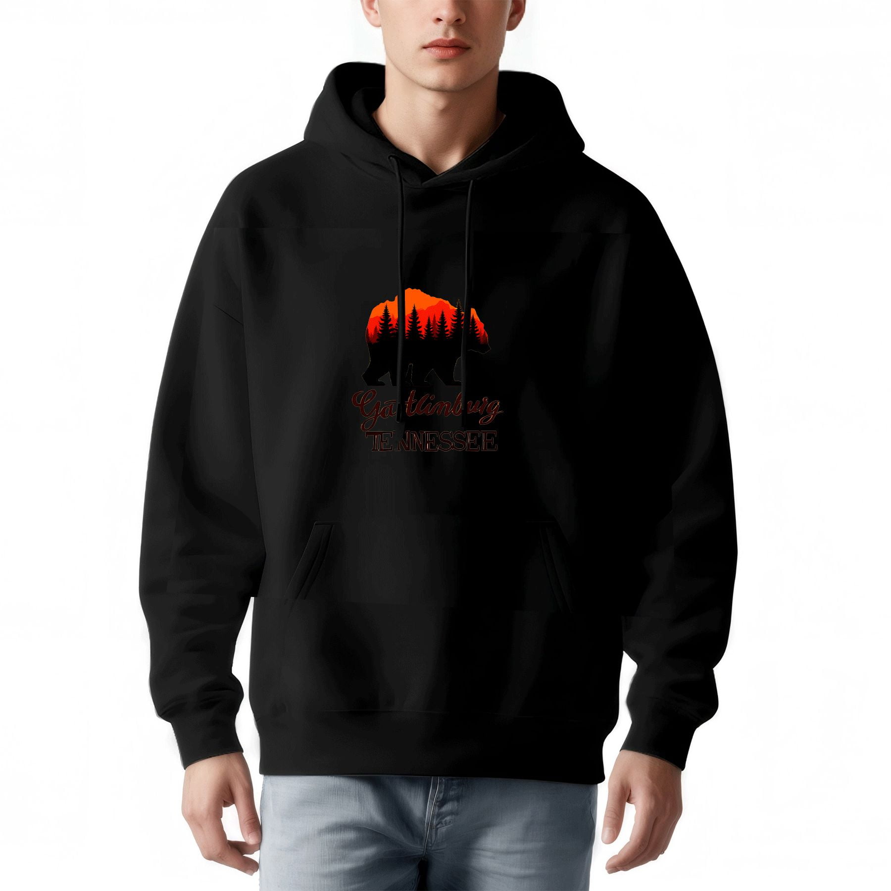 Men's Long Sleeve Hoodie Pullover Sweatshirt with Bear Sunset Graphic ...