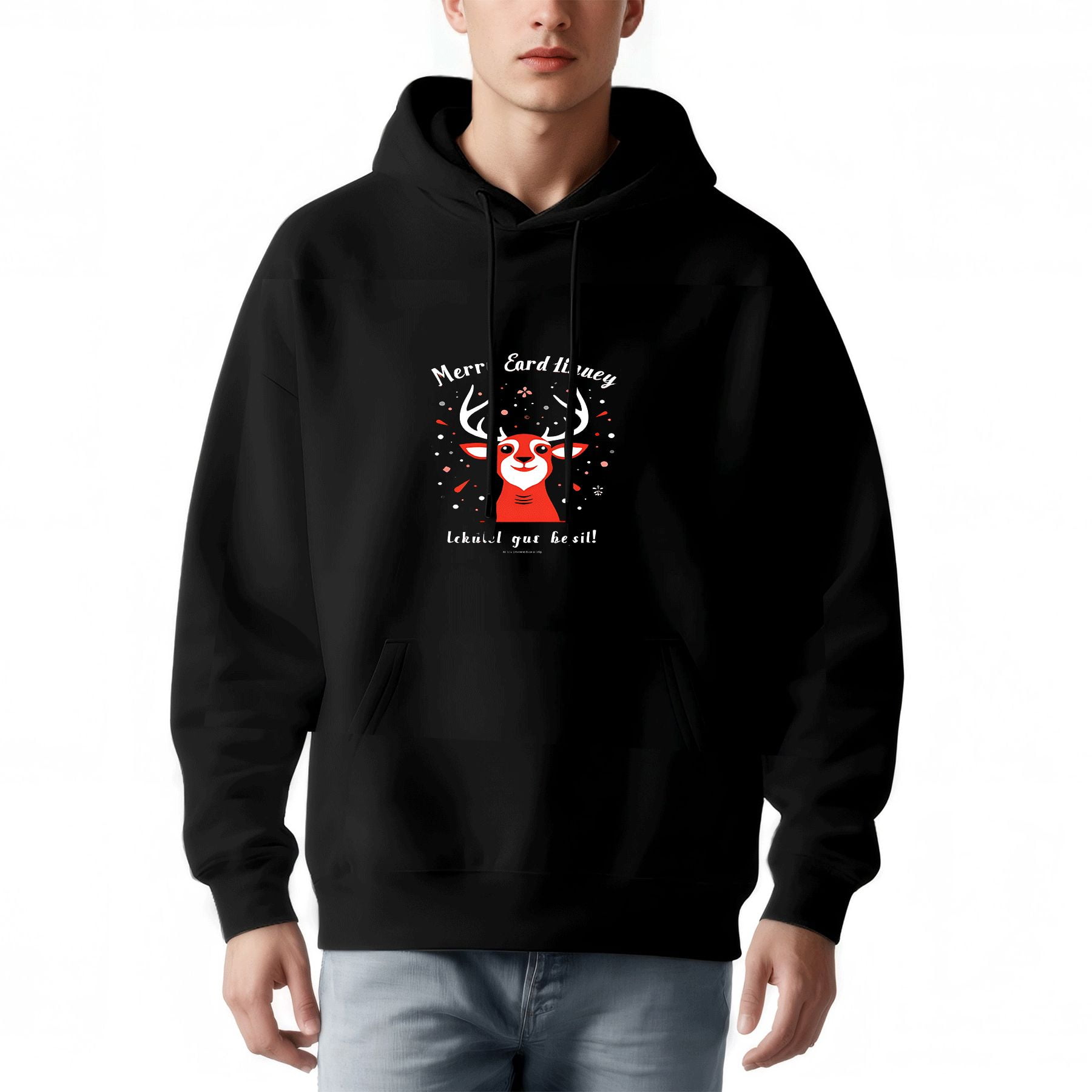 Men's Long Sleeve Hoodie Pullover Sweatshirt with Pockets Featuring a Red Deer Design with White ...