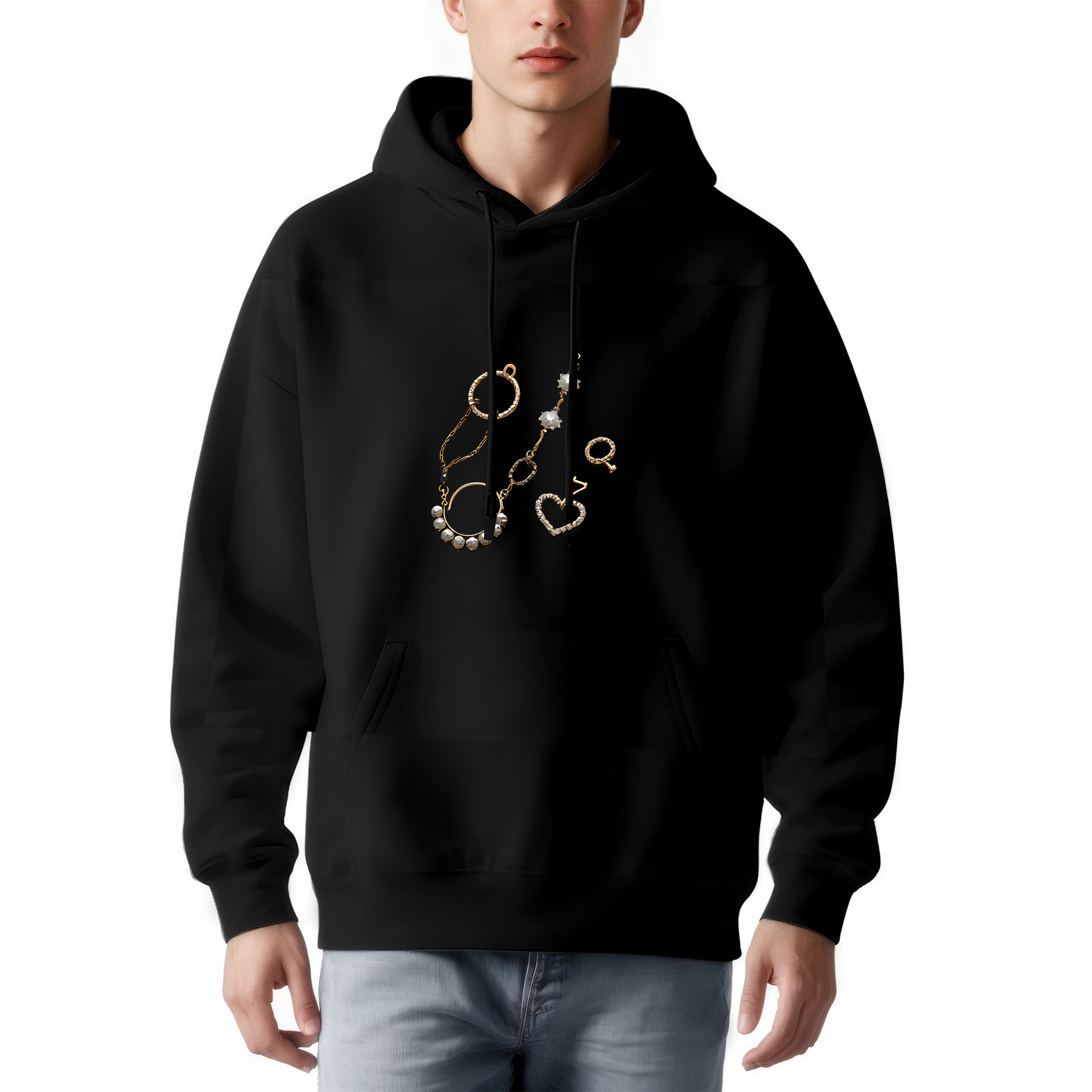 Men's Long Sleeve Hoodie Pullover with Front Pocket - Black with Gold ...