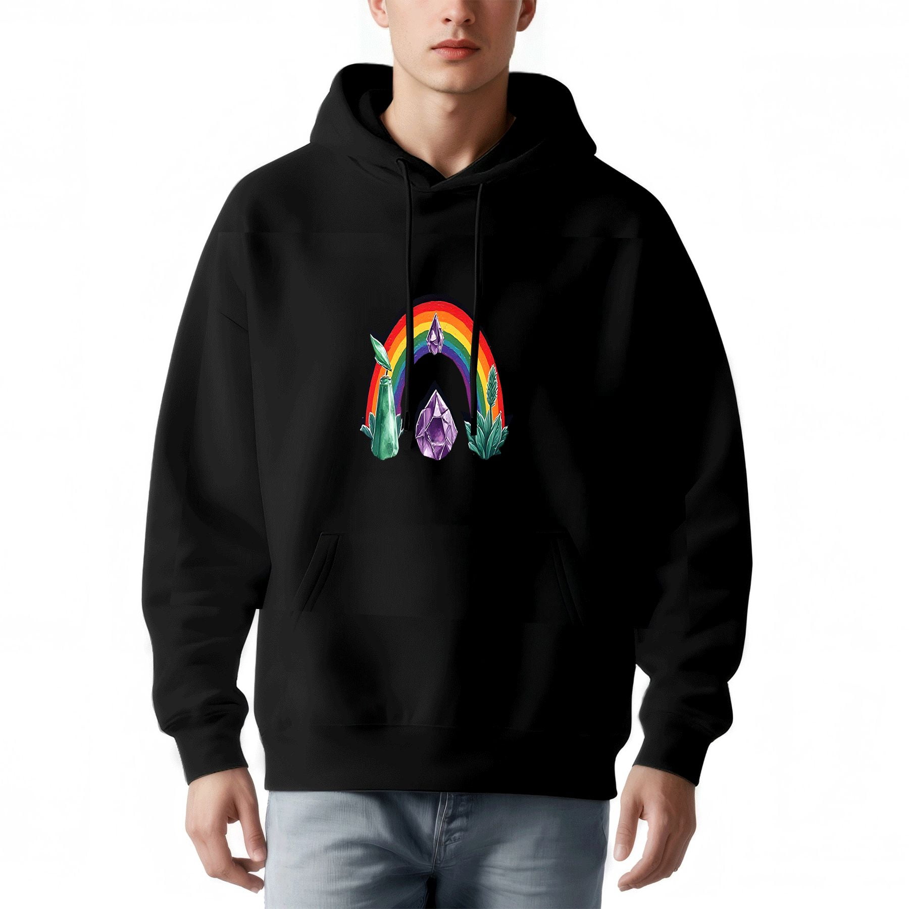Men's Long Sleeve Hoodie Pullover with Pockets - Whimsical Rainbow ...