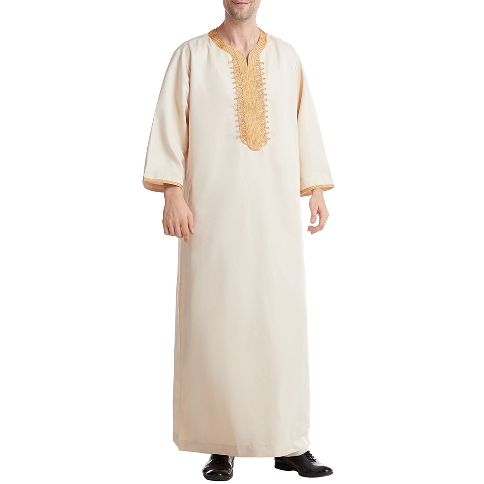 Men's Long Sleeve Kaftan Robe Muslim Arabic Embroidery Thobe Button Up ...