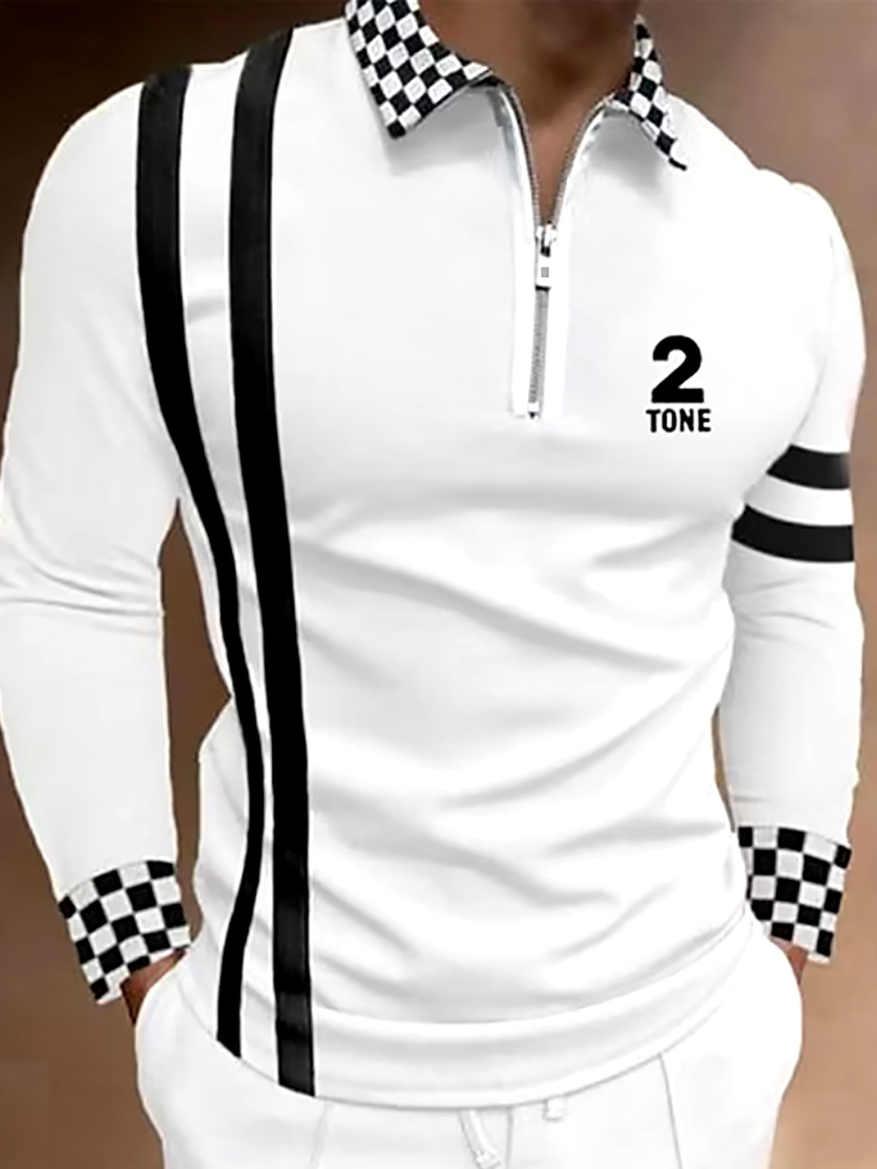 Men’s Long Sleeve Polo Shirts Fashion Contrast Color Shirt Zipper Polo ...