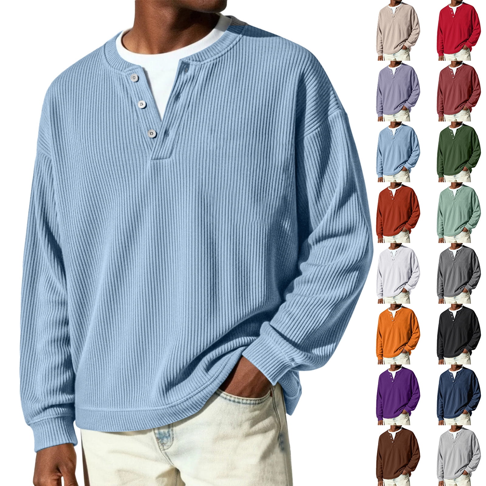 Men's Long Sleeve Ribbed Knit Pullover Button Down Collar Henley Top ...