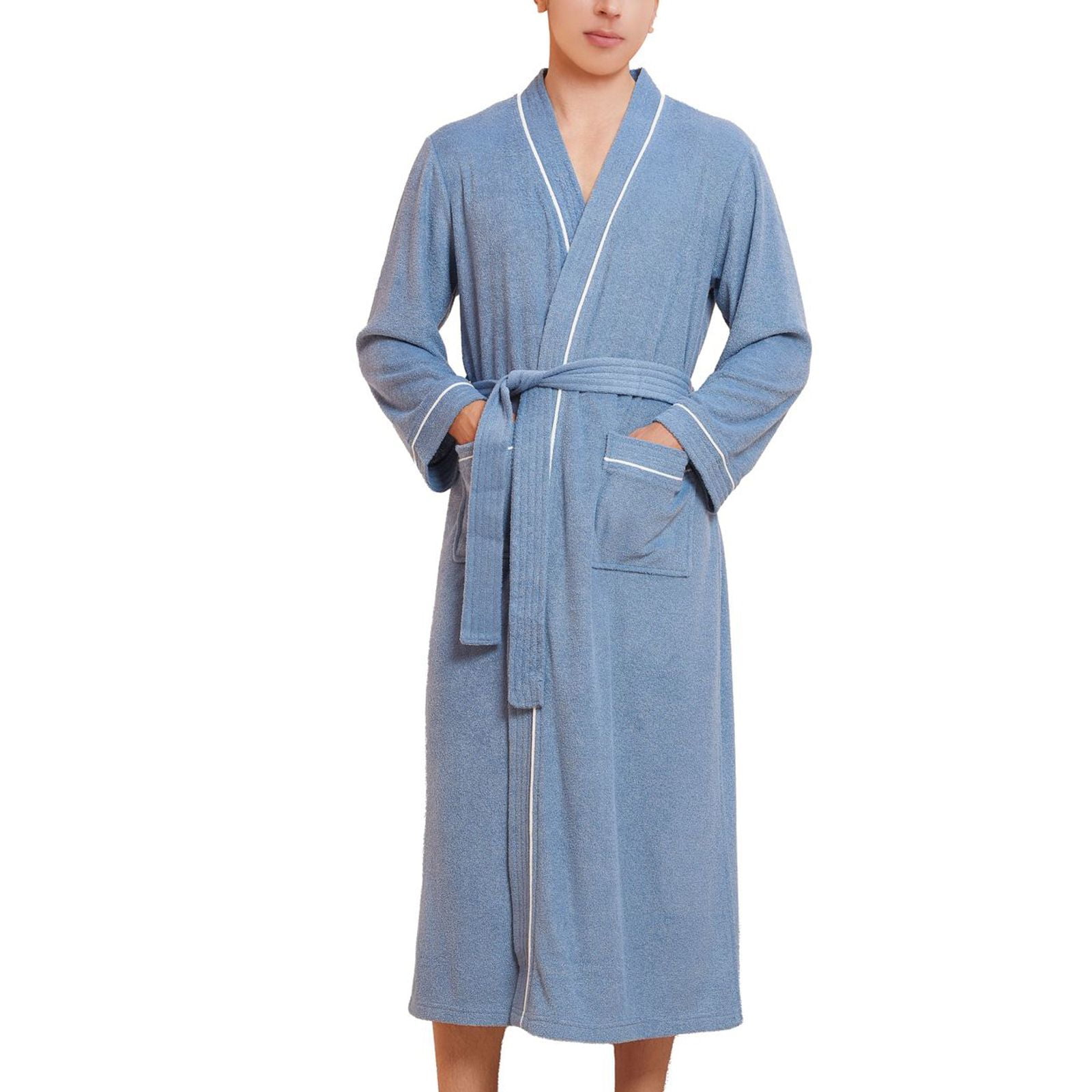 Men's Long Sleeve Robe Terry Cloth Long Kimono Robe Pocket Bath Hotel ...