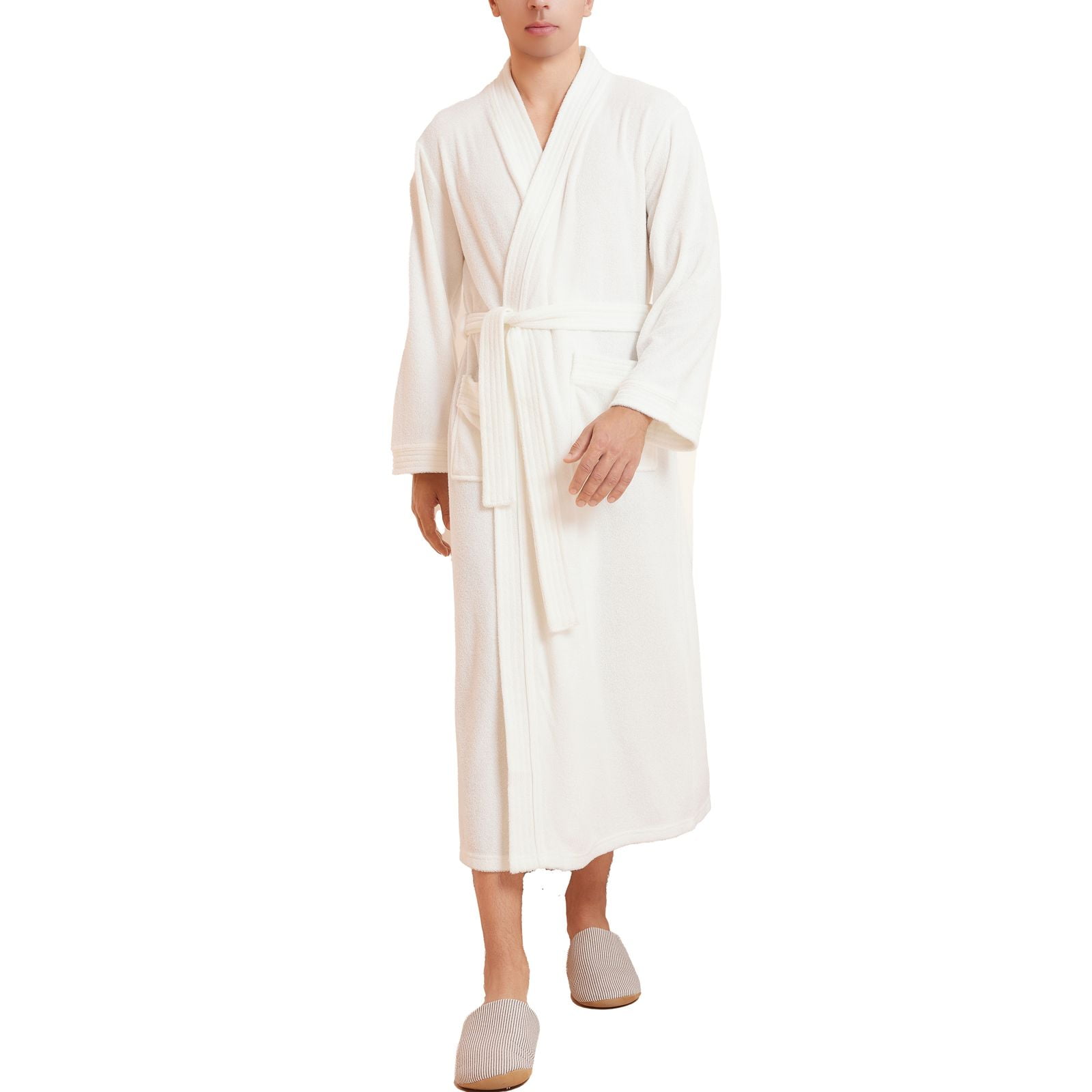 Men's Long Sleeve Robe Terry Cloth Long Kimono Robe Pocket Bath Hotel ...