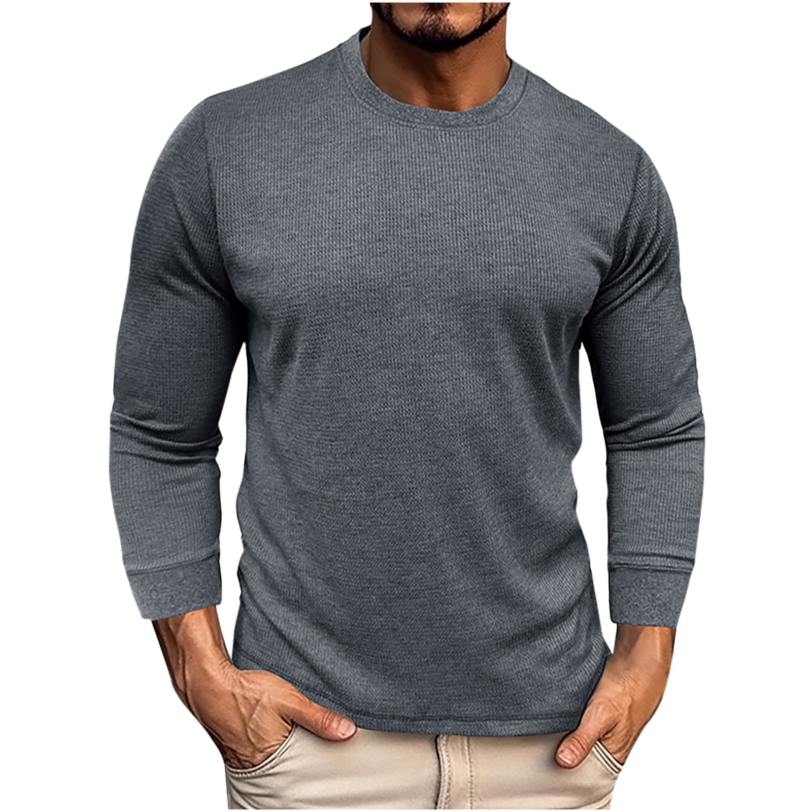 Men's Long Sleeve Waffle Henley Shirts Mens Crewneck Long-Sleeve Waffle ...