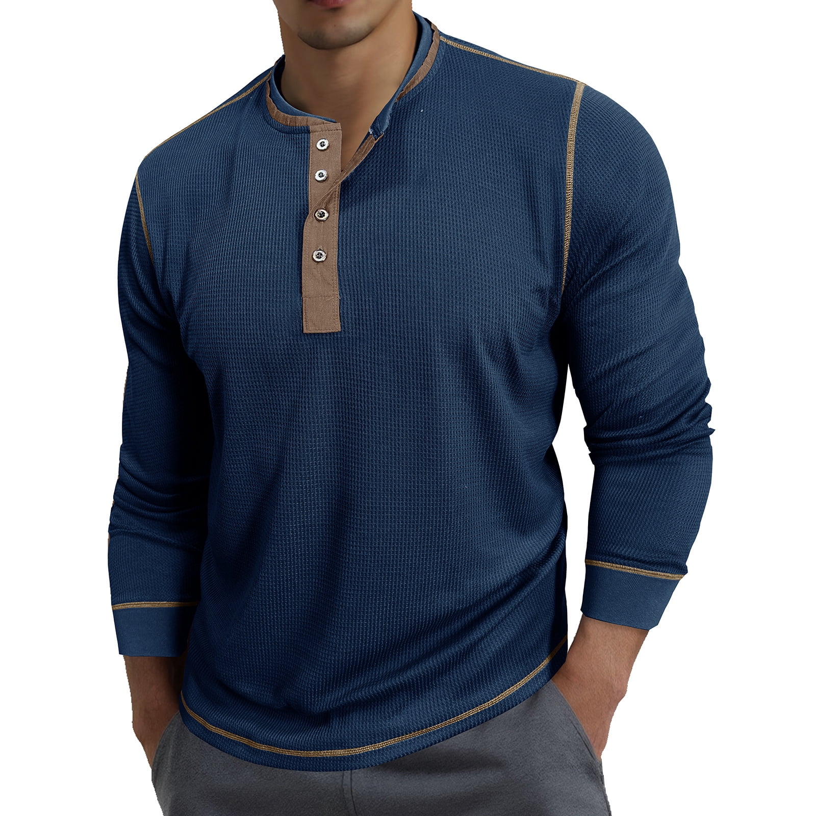 Men's Long Sleeve Waffle Henley Shirts Vintage Color Block Plaid Button ...