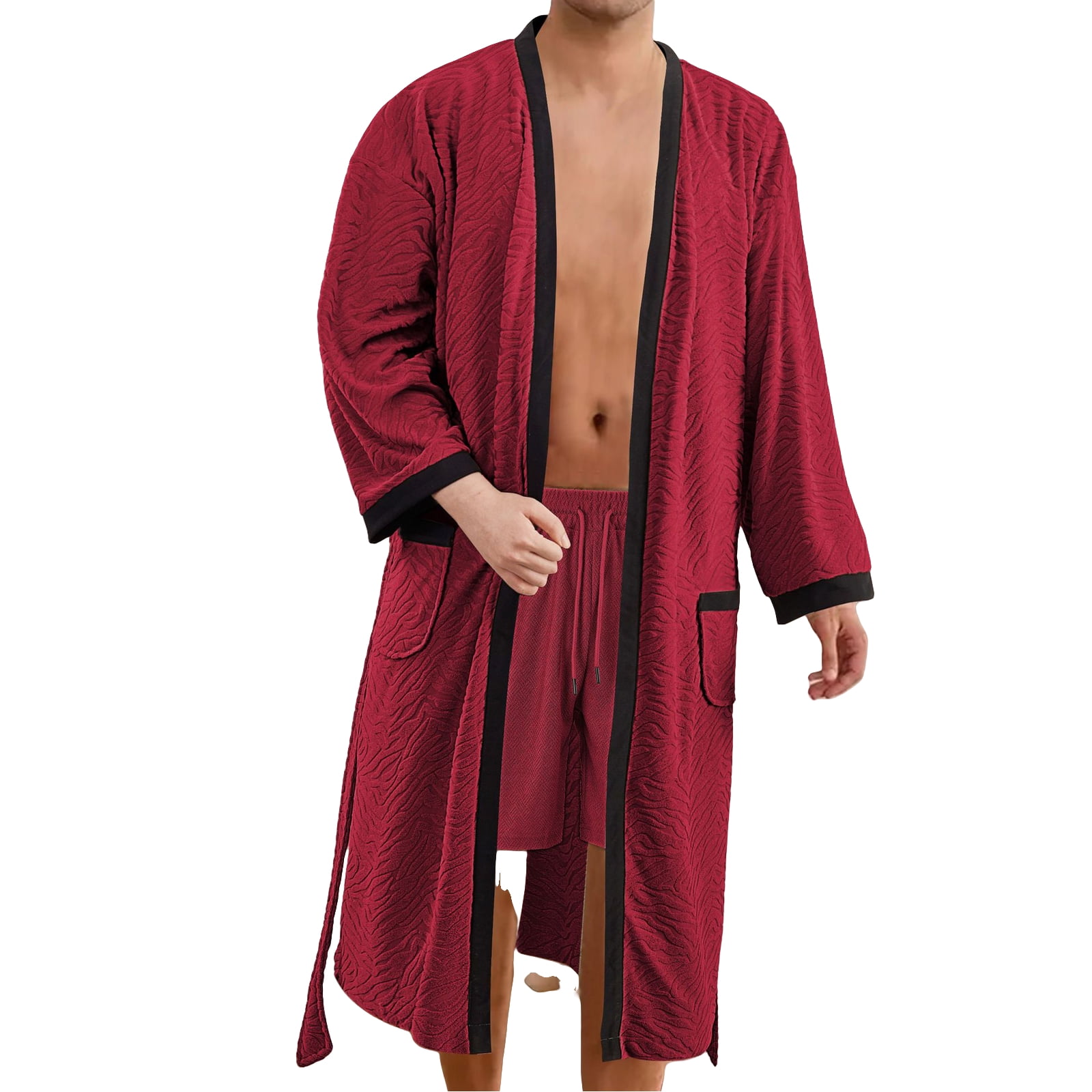 Men's Long Soft Jacquard Bathrobe - Solid Color, Belted, Oversized ...
