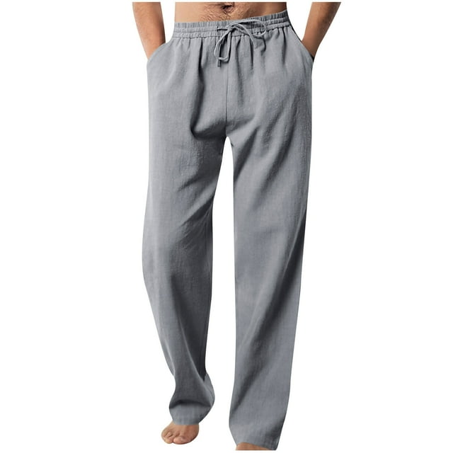 Men's Loose Casual Linen Trousers Drawstring Jogging with Pockets ...