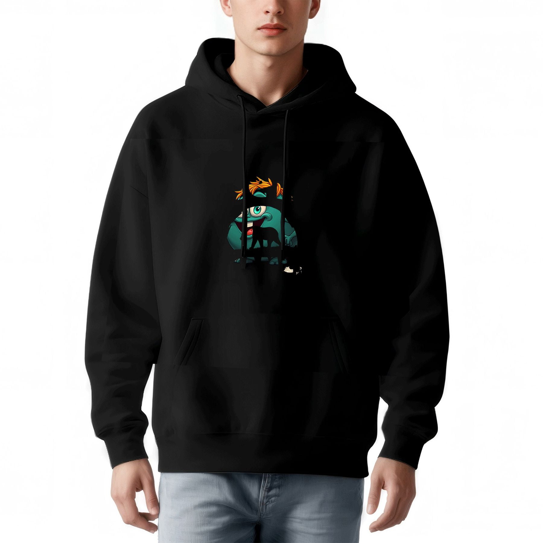 Men's Loose Fit Black Hoodie with Cartoon Character Design - Green Skin ...