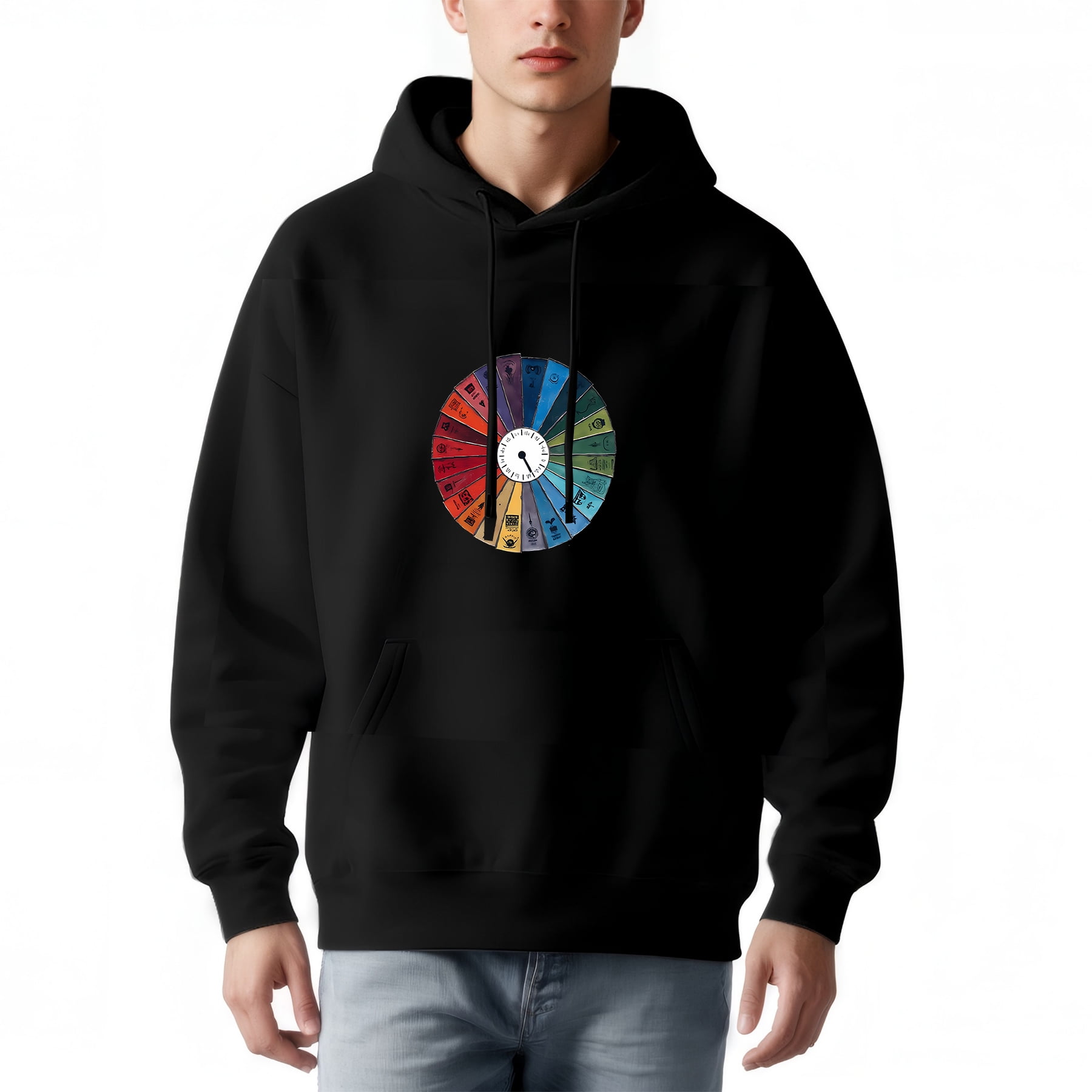 Men's Loose Fit Black Hoodie with Colorful Circular Clock Design Long ...