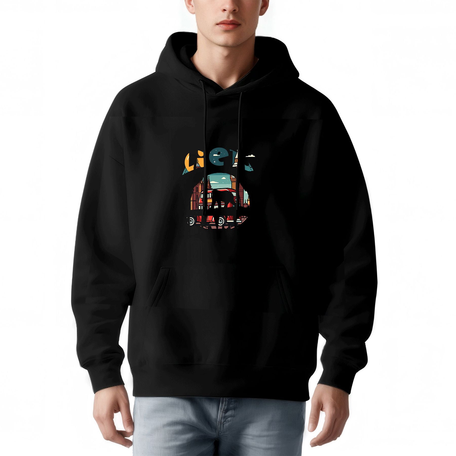 Men's Loose Fit Black Hoodie with Colorful Red Double - Decker Bus ...