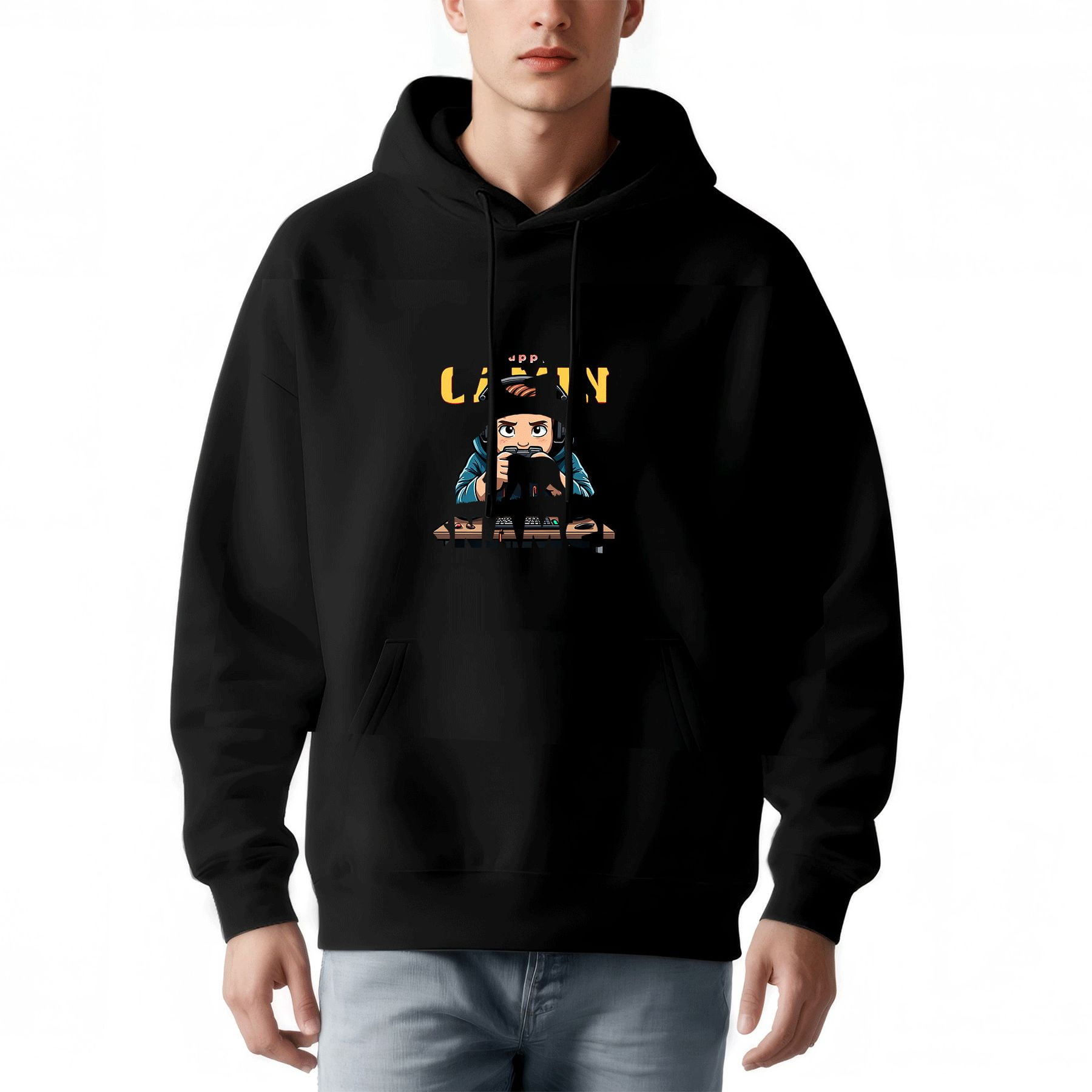 Men's Loose Fit Hoodie with Cartoon Character Design - Blue Shirt & Hat ...