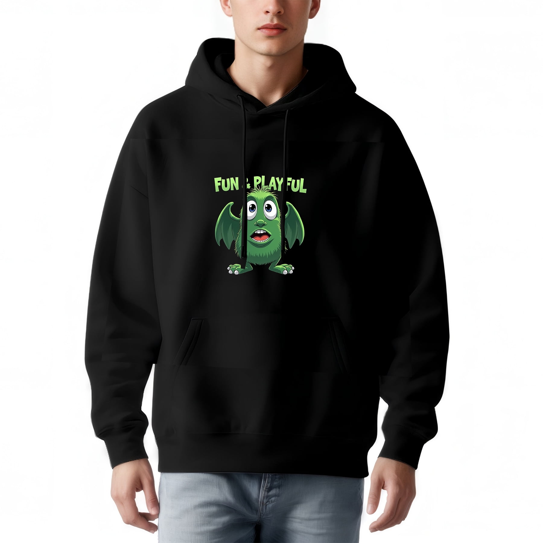 Men's Loose Fit Hoodie with Cartoon Character Design - Green Skin ...
