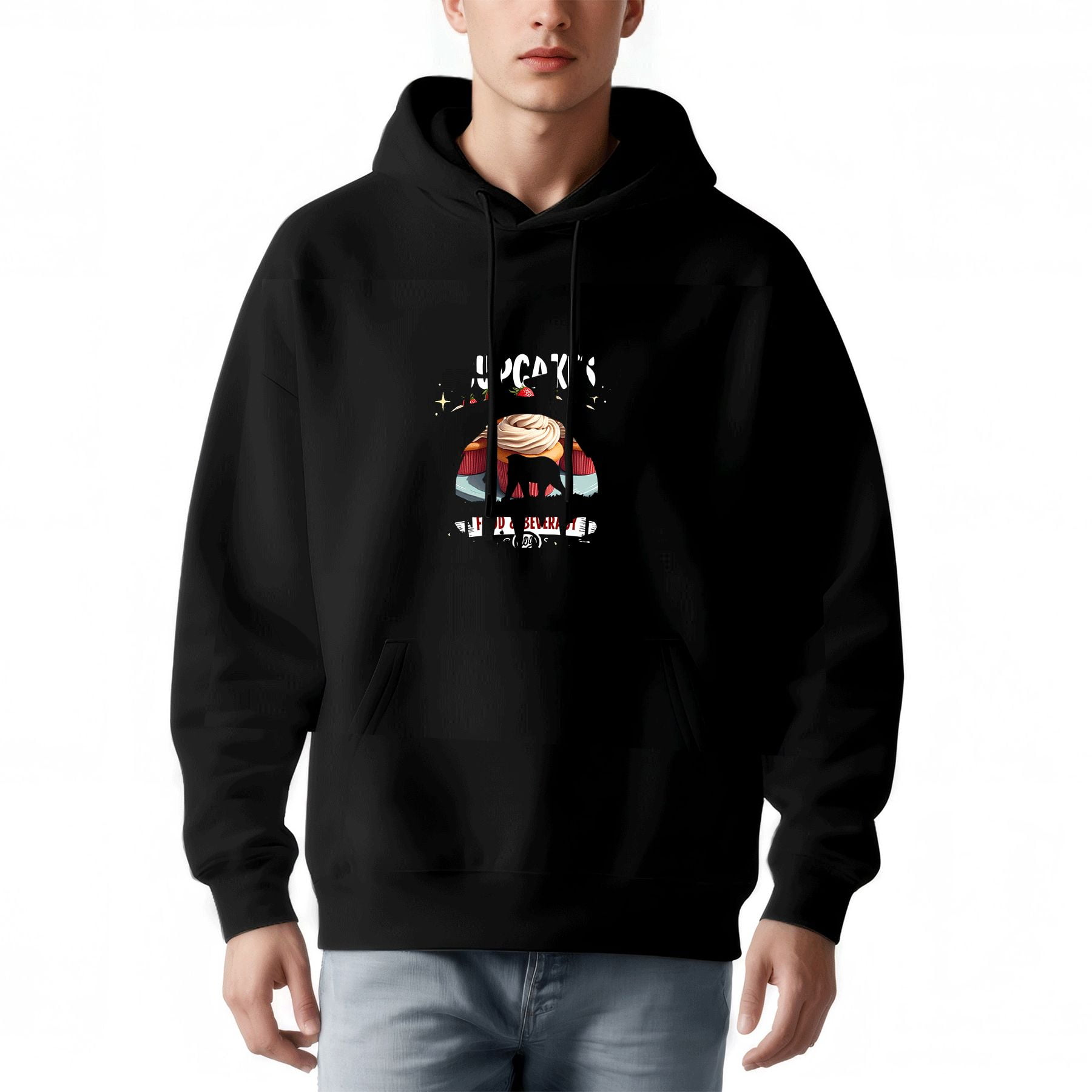 Men's Loose Fit Hoodie with Cartoon Character Design ' MUSCATO ' Text ...
