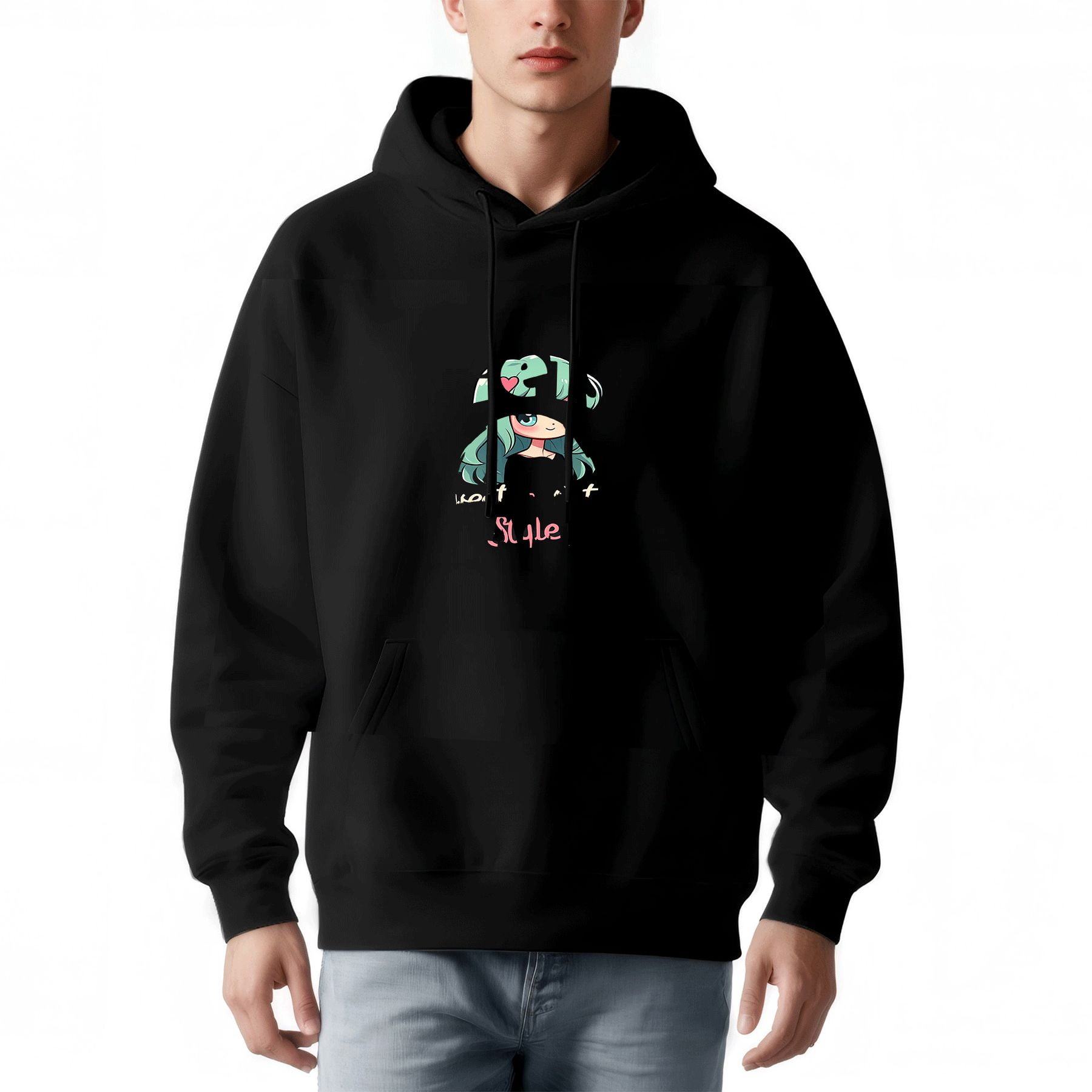 Men's Loose Fit Hoodie with Cartoon Character Design Teal Hair & Heart ...