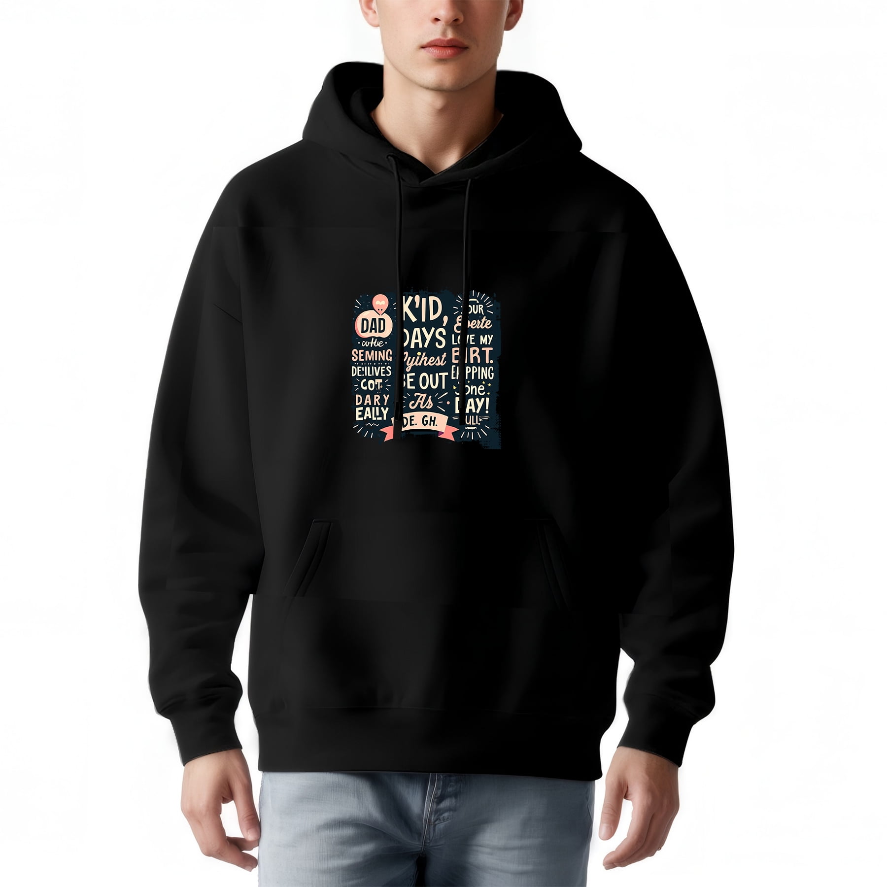 Men's Loose Fit Hoodie with Colorful Graphic Design - Fun Words & Stars ...