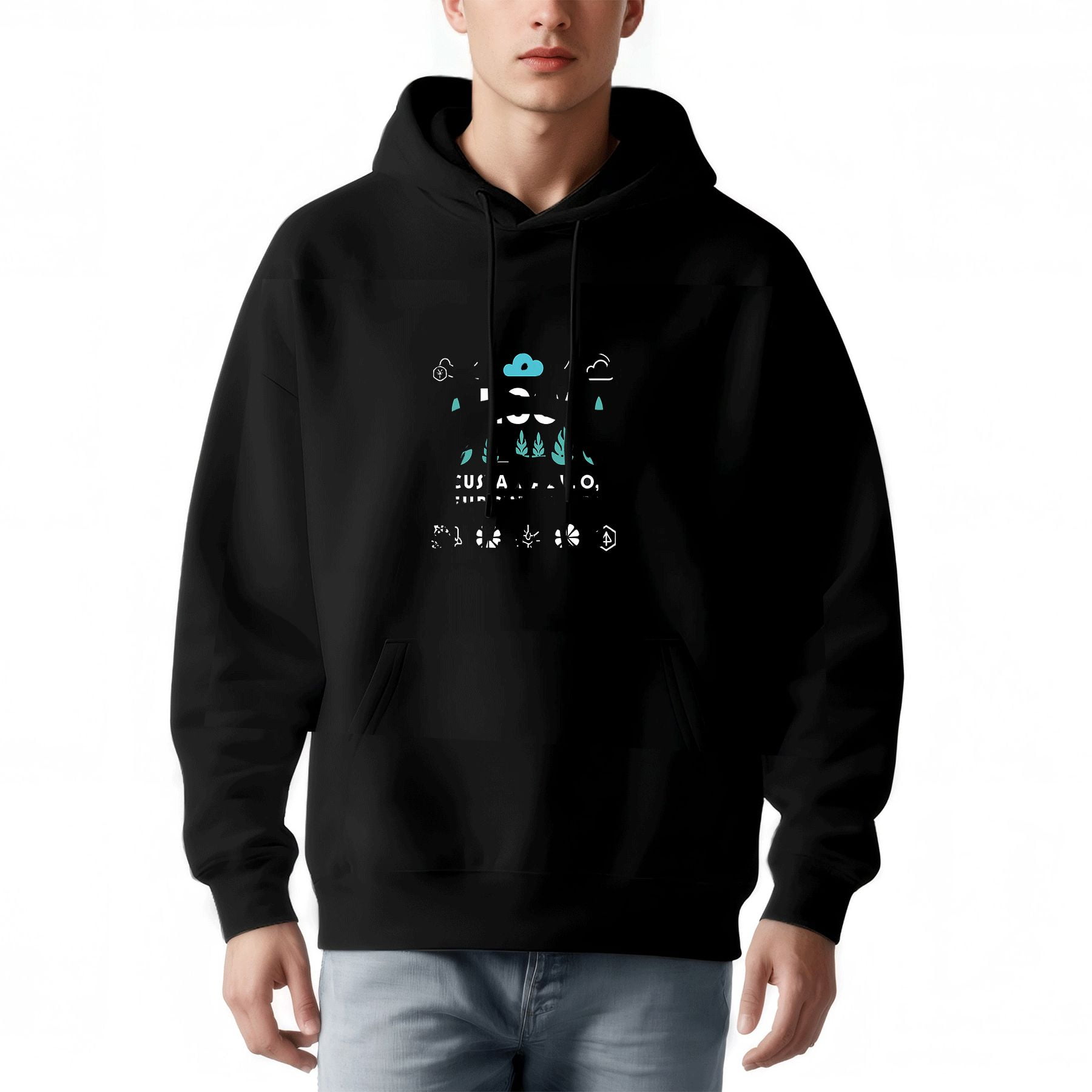 Men's Loose Fit Hoodie with Graphic Mountain Range Smiling Face and Non ...